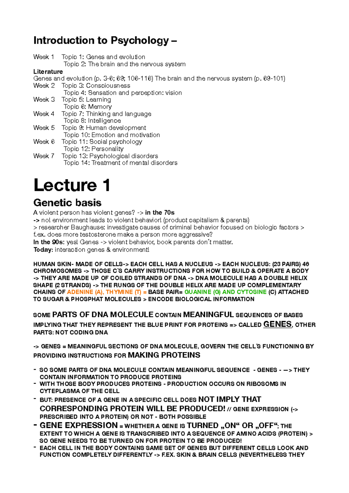 Introduction to Psychology Lectures: Year 1 Overview - Studeersnel