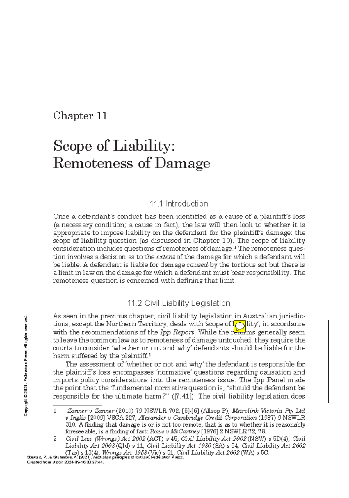 Australian Principles of Tort Law (Chapter 11): Scope of Liability ...