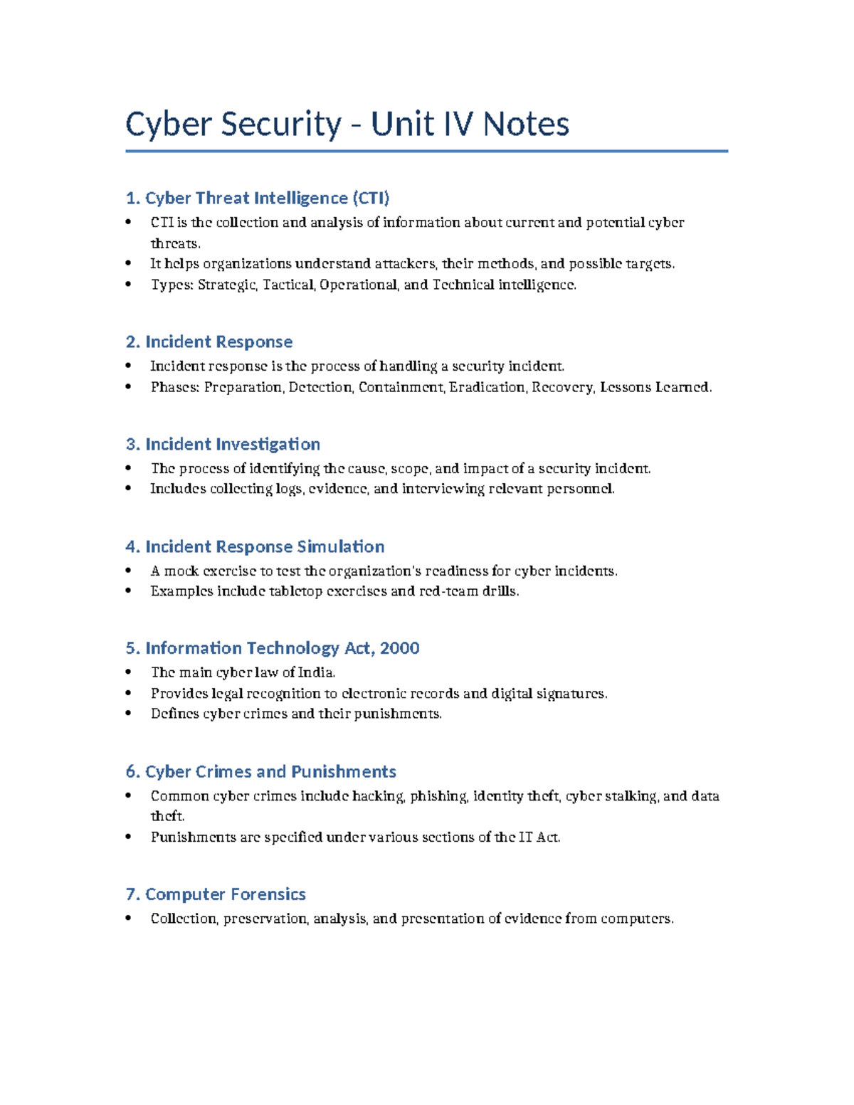 Cyber Security Unit IV: CTI, Incident Response & Forensics Notes - Studocu