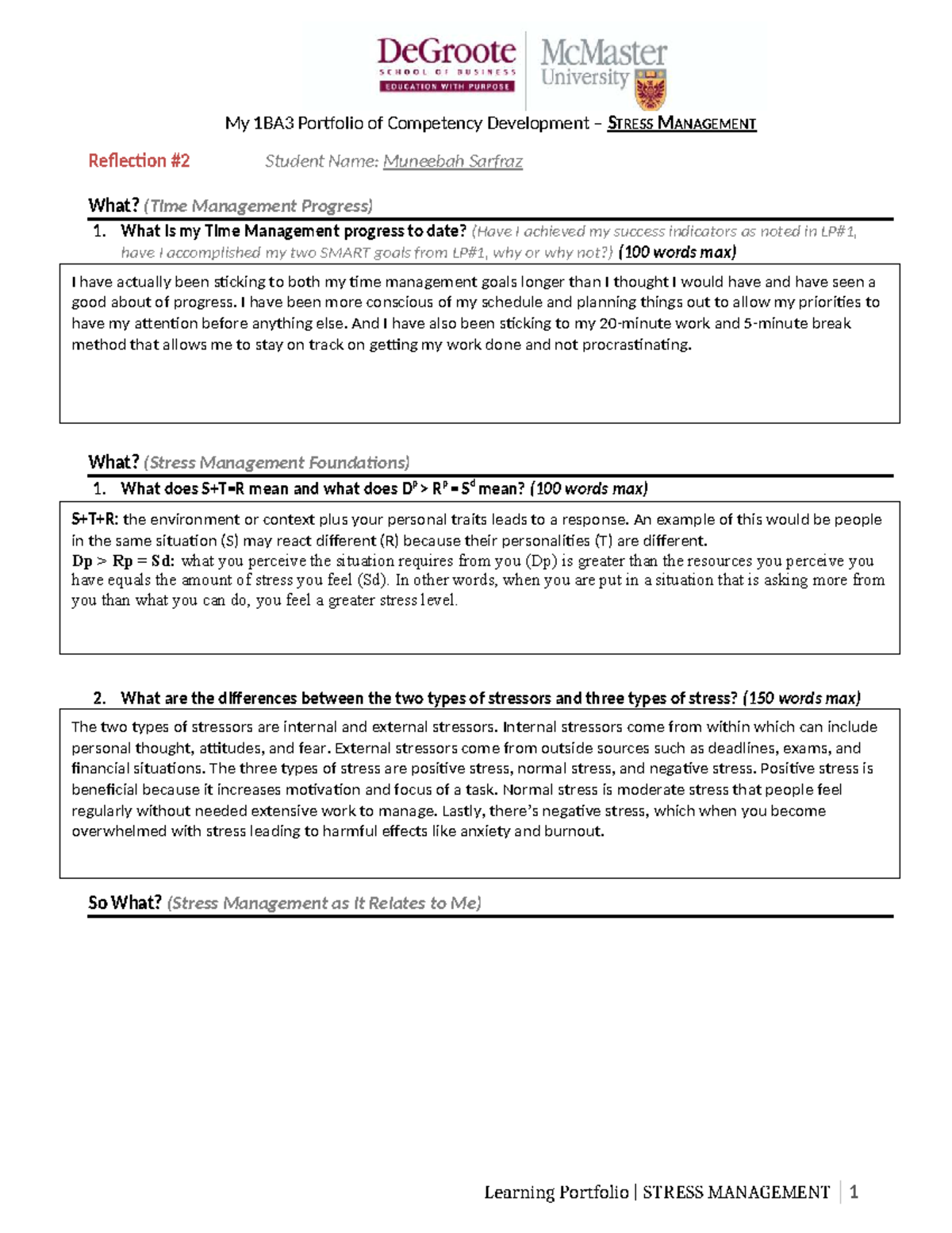 1BA3 Stress Management Reflection: Competency Development Portfolio ...