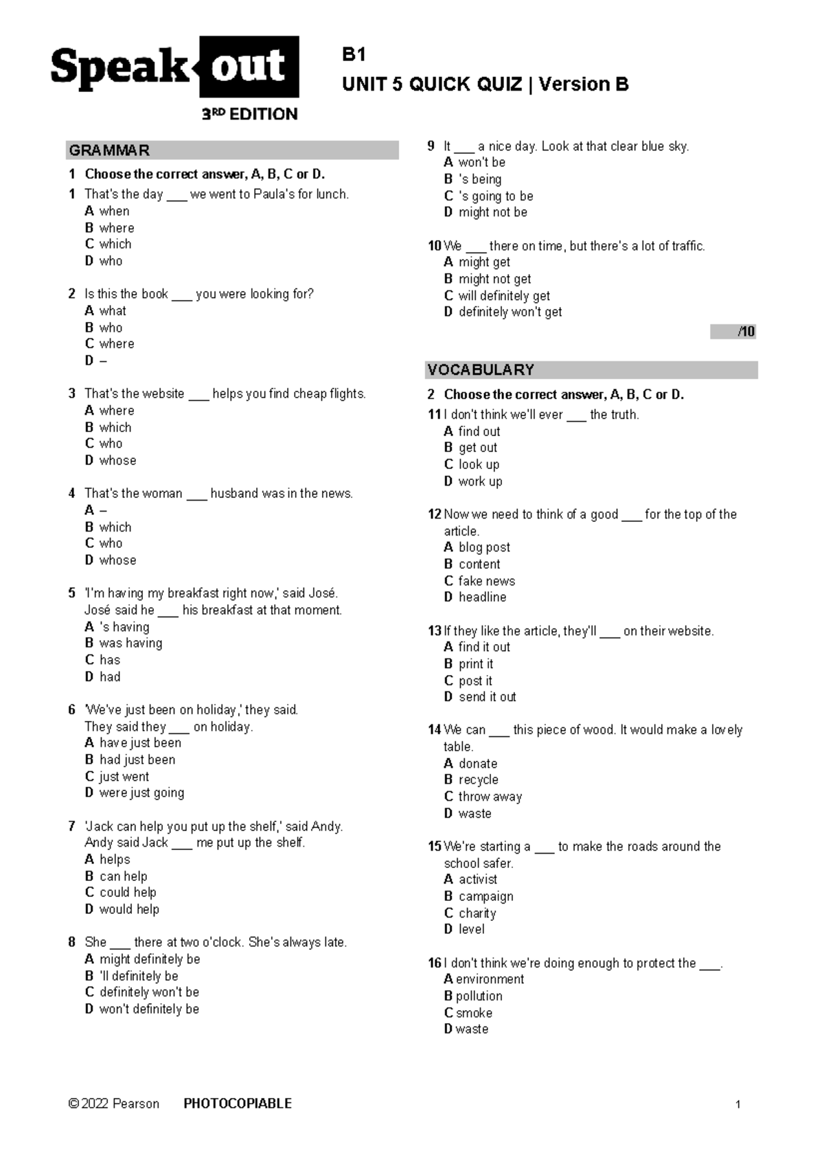 SO3 B1 UNIT 5 QUICK QUIZ Version B - GRAMMAR & VOCABULARY - Studocu