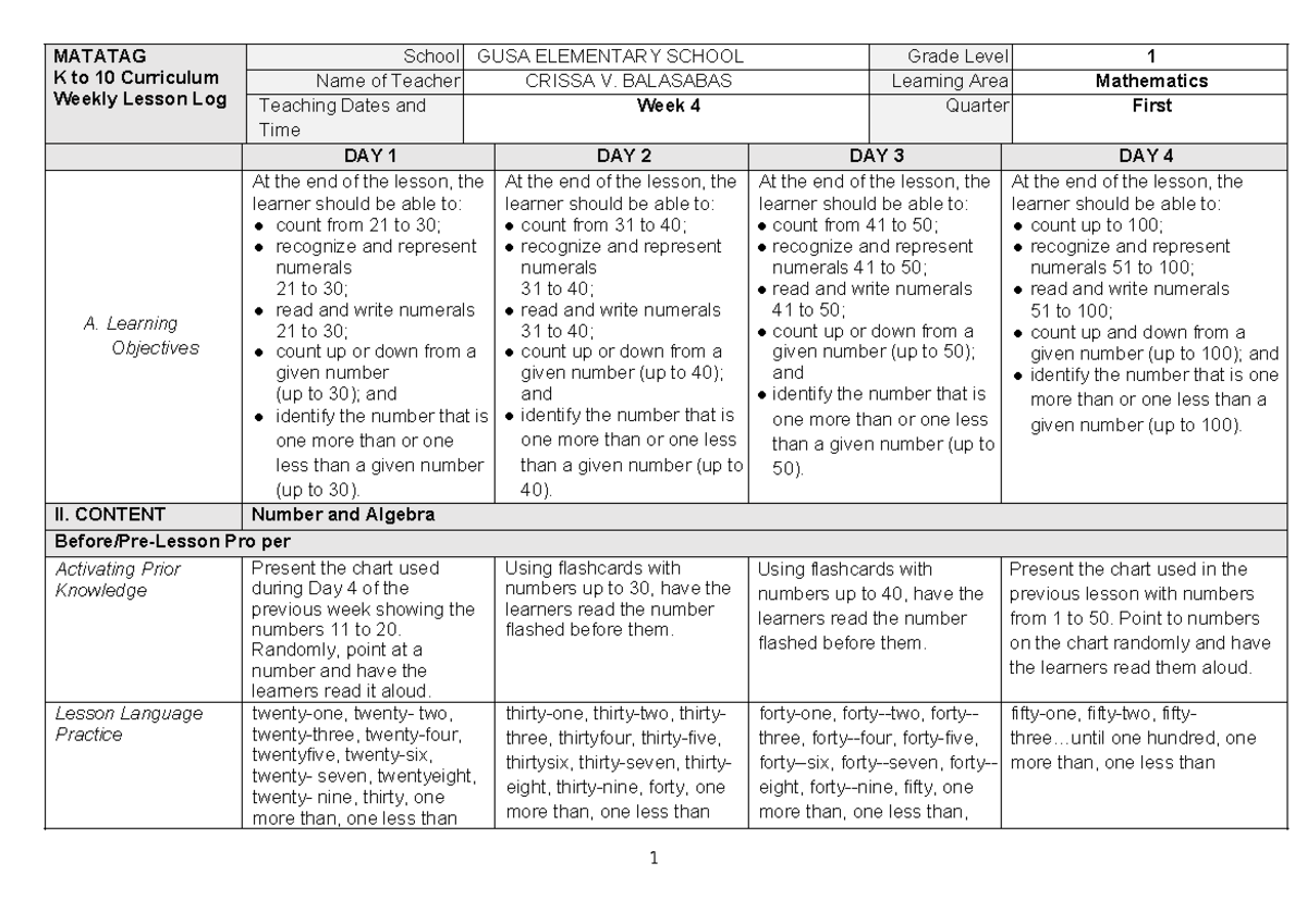 DLL Math 1 Q1 Wk4 - Weekly Lesson Log for Grade 1 - Studocu