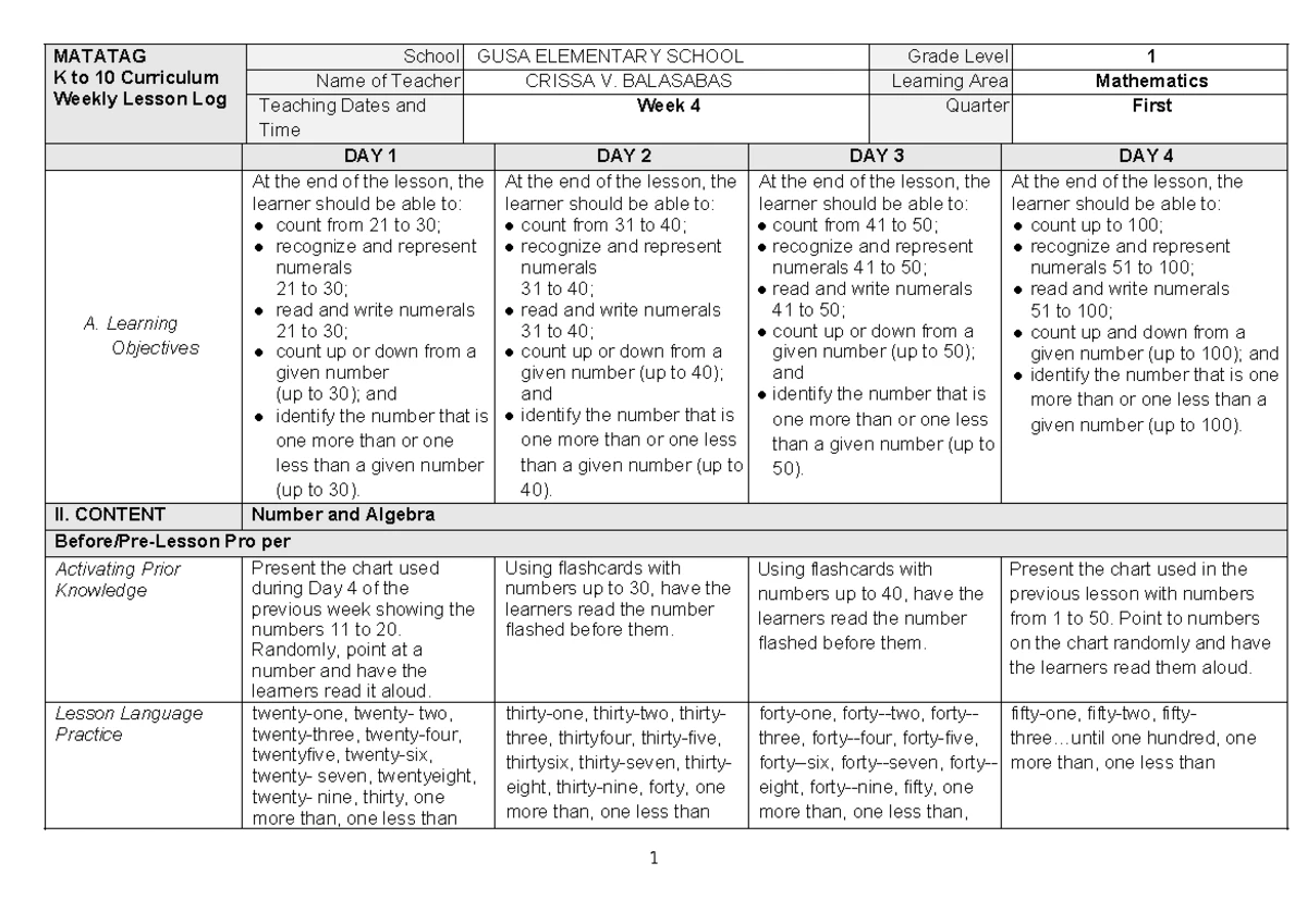 DLL-Q1W3 Mathematics - Sample Daily Lesson Log for Grade 1 - Studocu