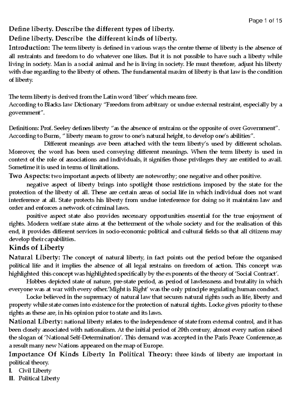 Political Science LLb 1 - Define liberty. Describe the different types ...