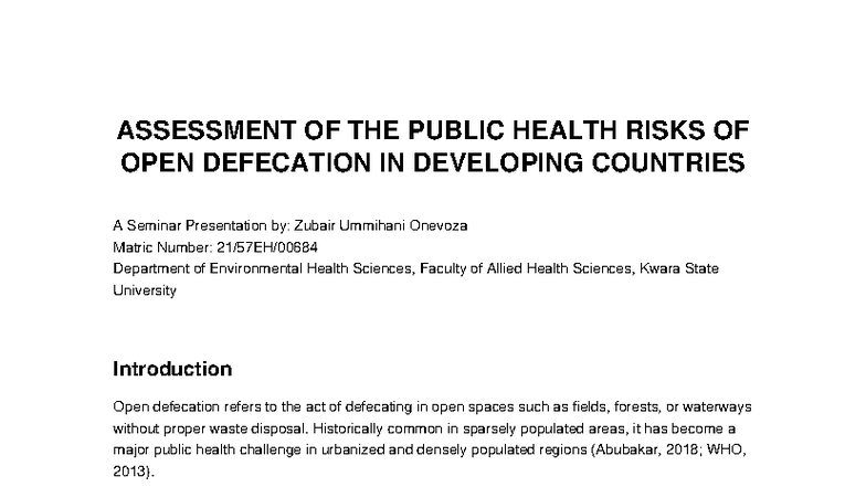Assessment of Public Health Risks of Open Defecation: Seminar ...
