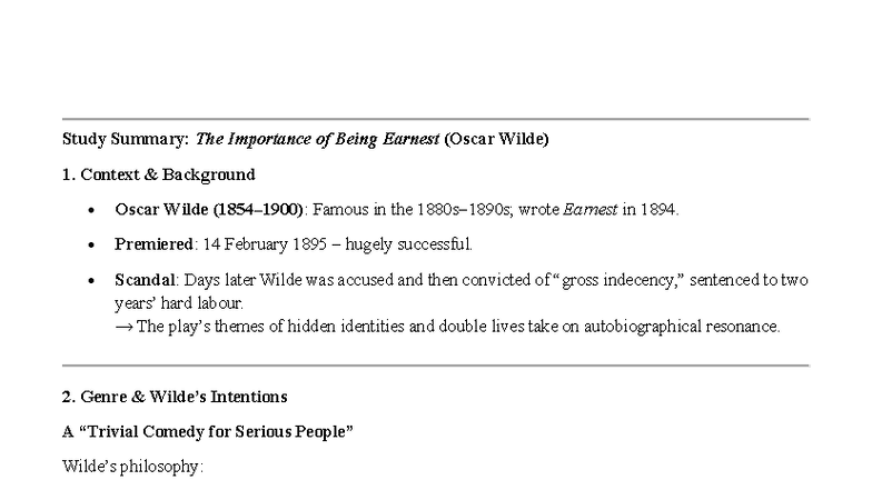 Wilde Notes: Study Summary of "The Importance of Being Earnest" - Studocu