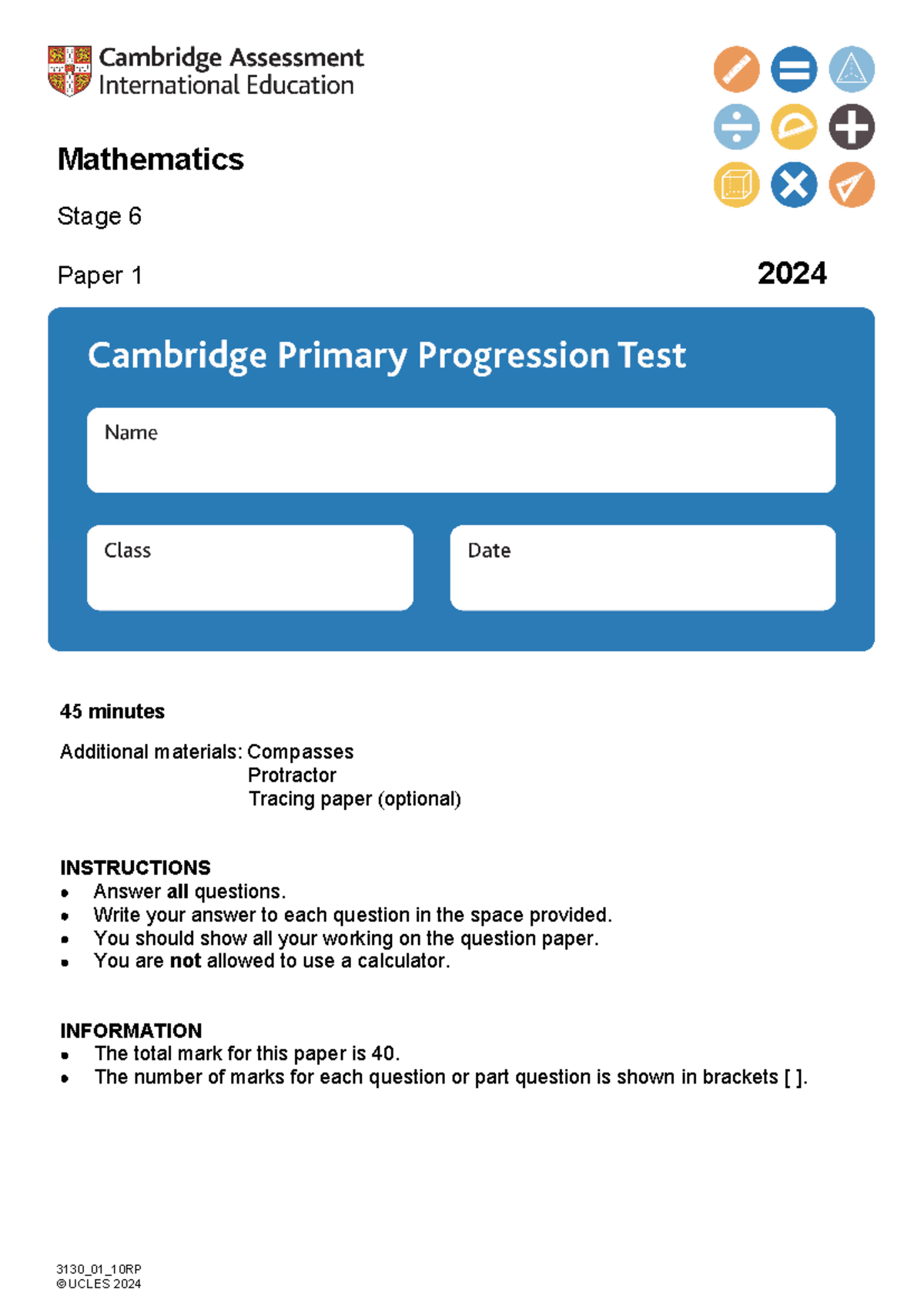 Cambridge Primary Progression Test - Math 2024 Stage 6 Paper 1 ...