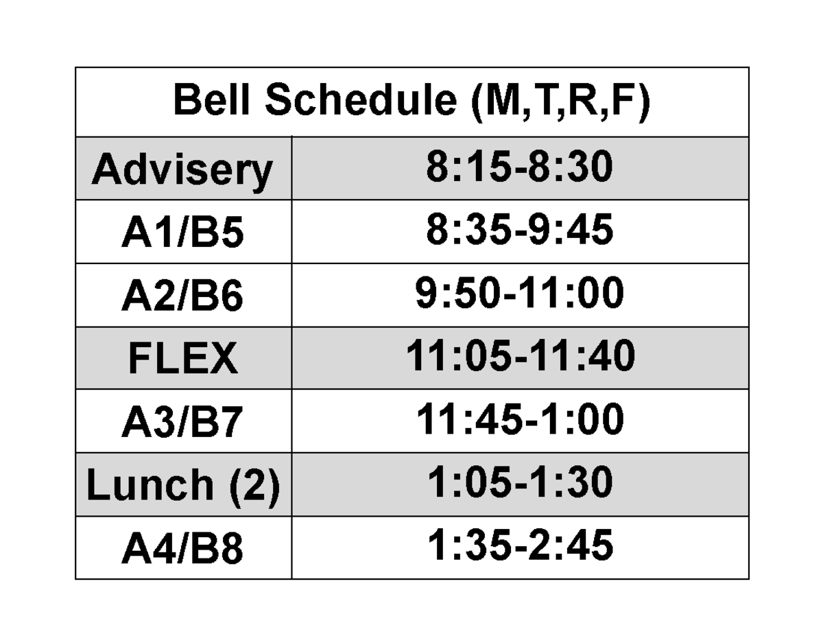 BELL Schedule - asd. d as sa - DANCE495 - Bell Schedule (M,T,R,F) A2/B6 ...