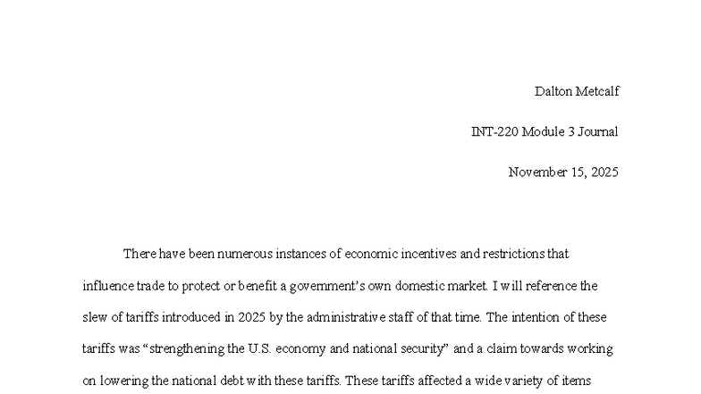 INT220 M3 Journal: Economic Impact of 2025 Tariffs on Trade - Studocu