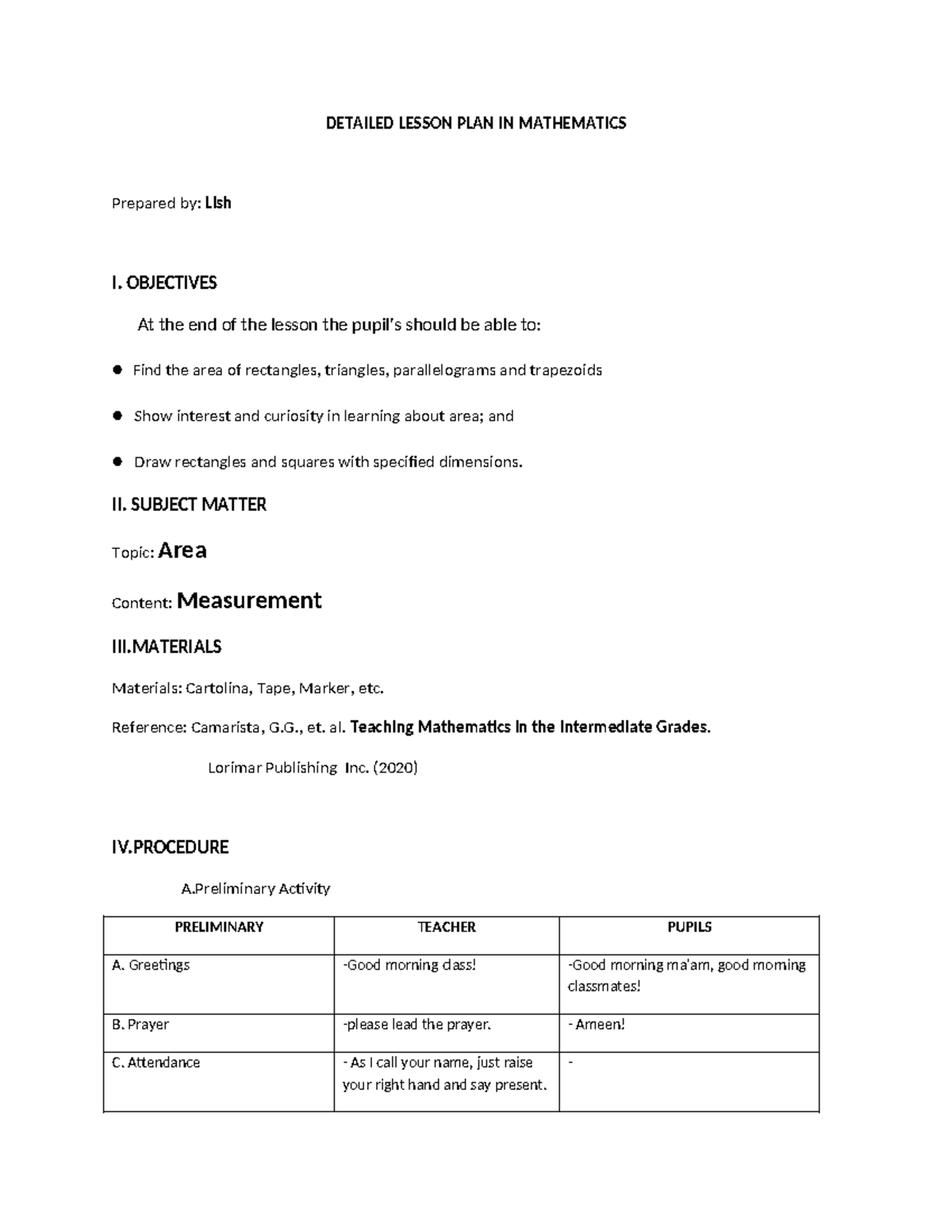 MATH 101: Detailed Lesson Plan on Area Measurement - Studocu