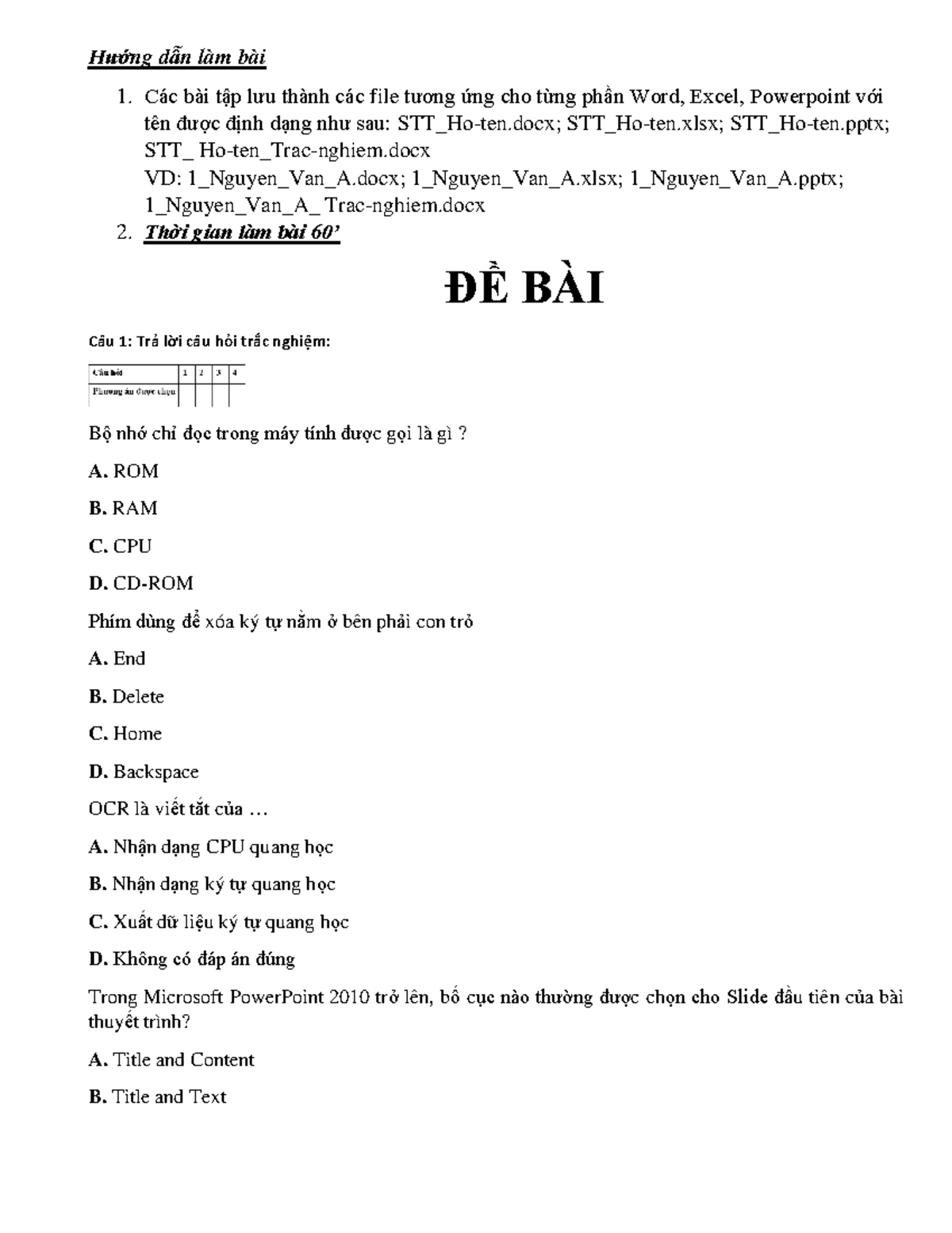 Hướng dẫn Luyện Tập 1: Bài Tập Word, Excel, PowerPoint - Studocu