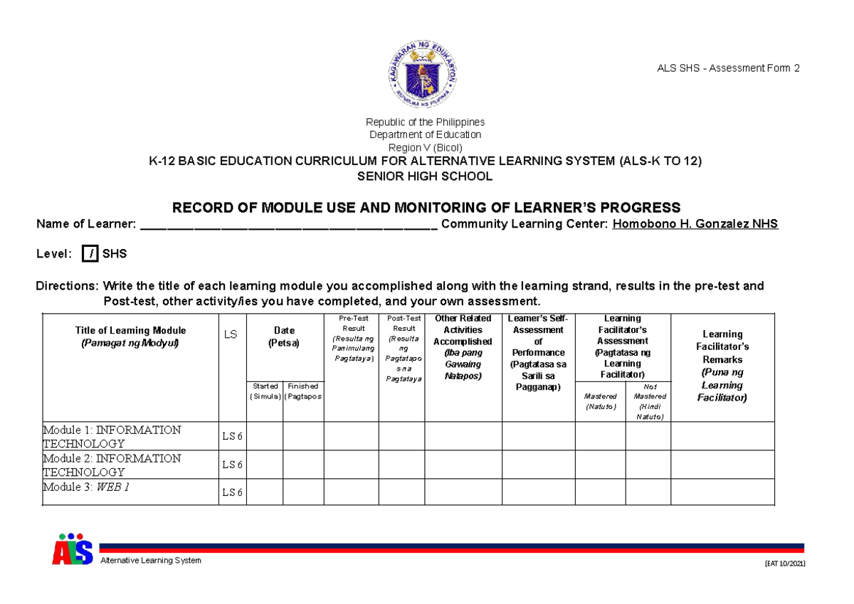 ALS SHS Assessment Form 2: Record of Module Use & Progress - Studocu