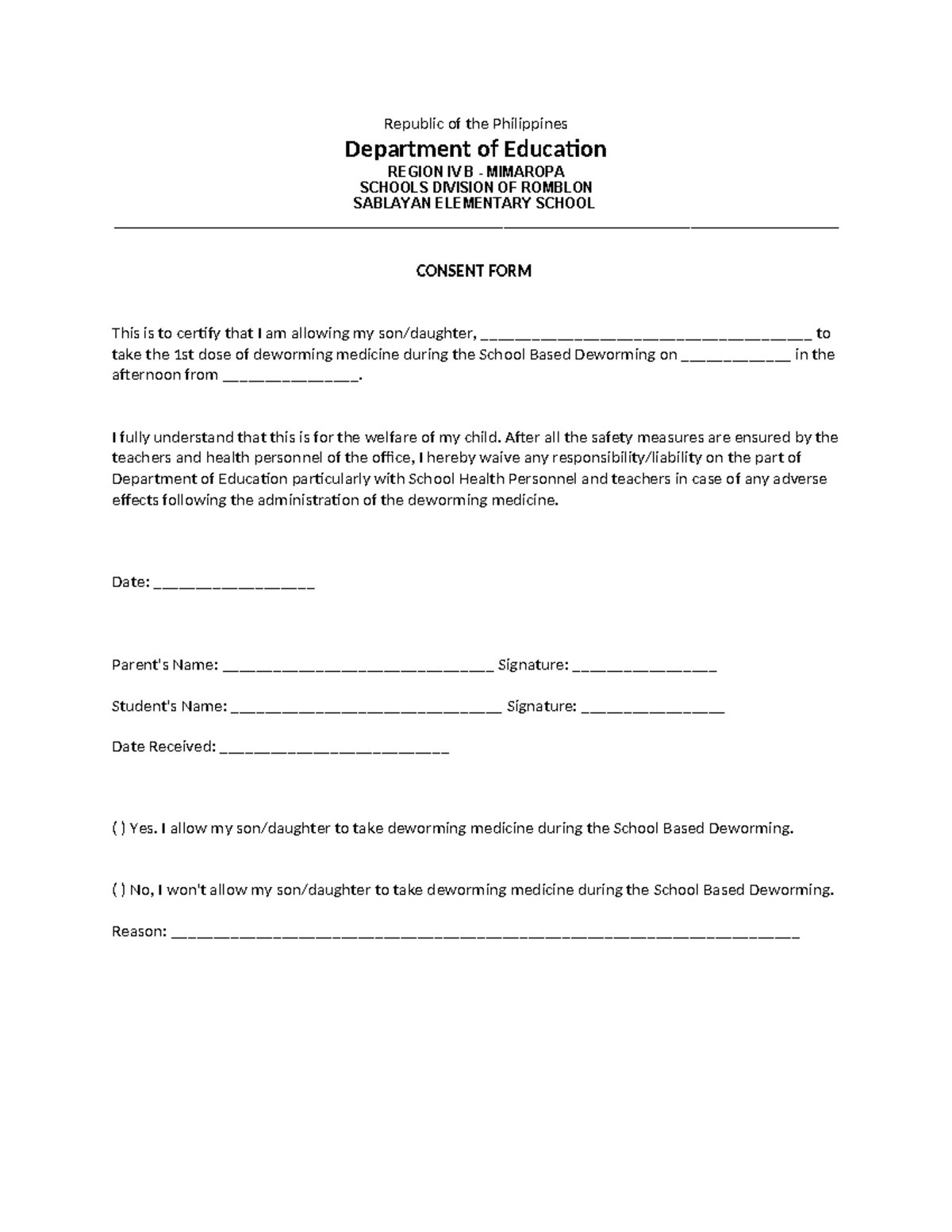 School-Based Deworming Consent Form for Students - Studocu