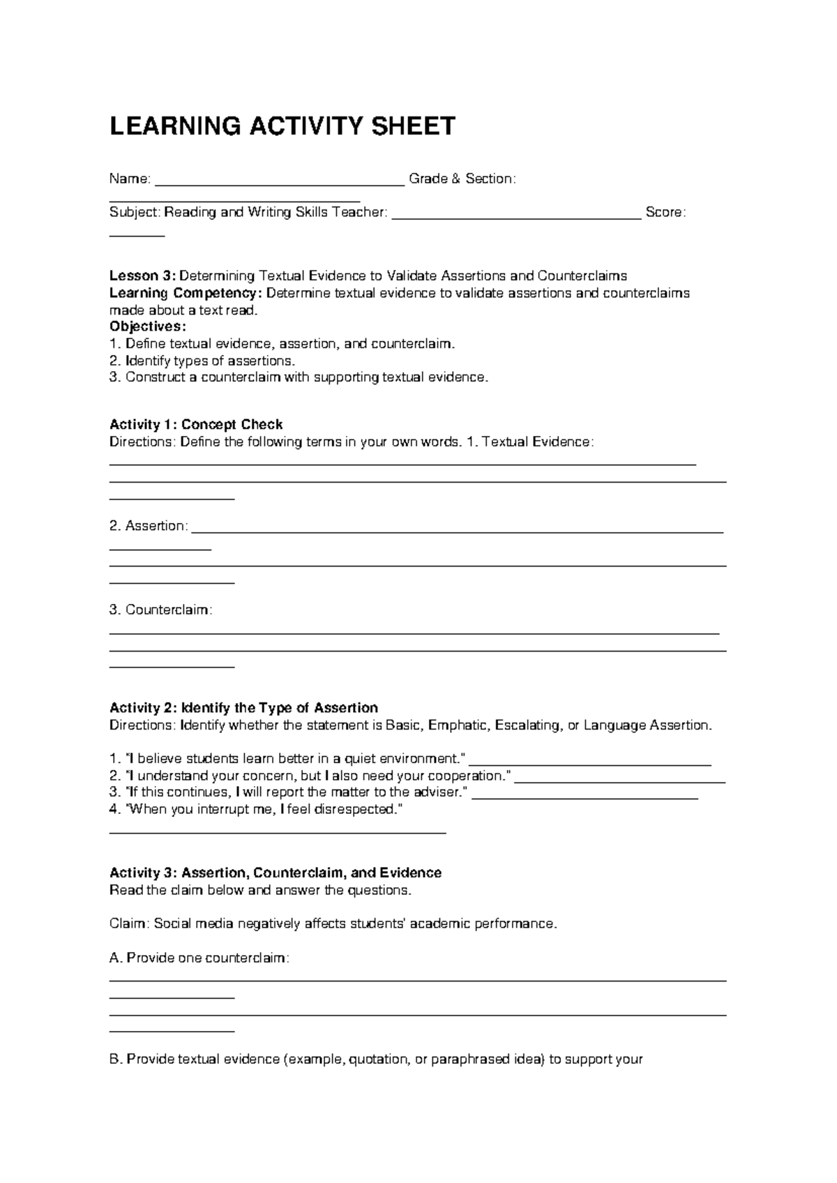 R&W Skills Activity Sheet: Lesson 3 on Textual Evidence and Claims ...