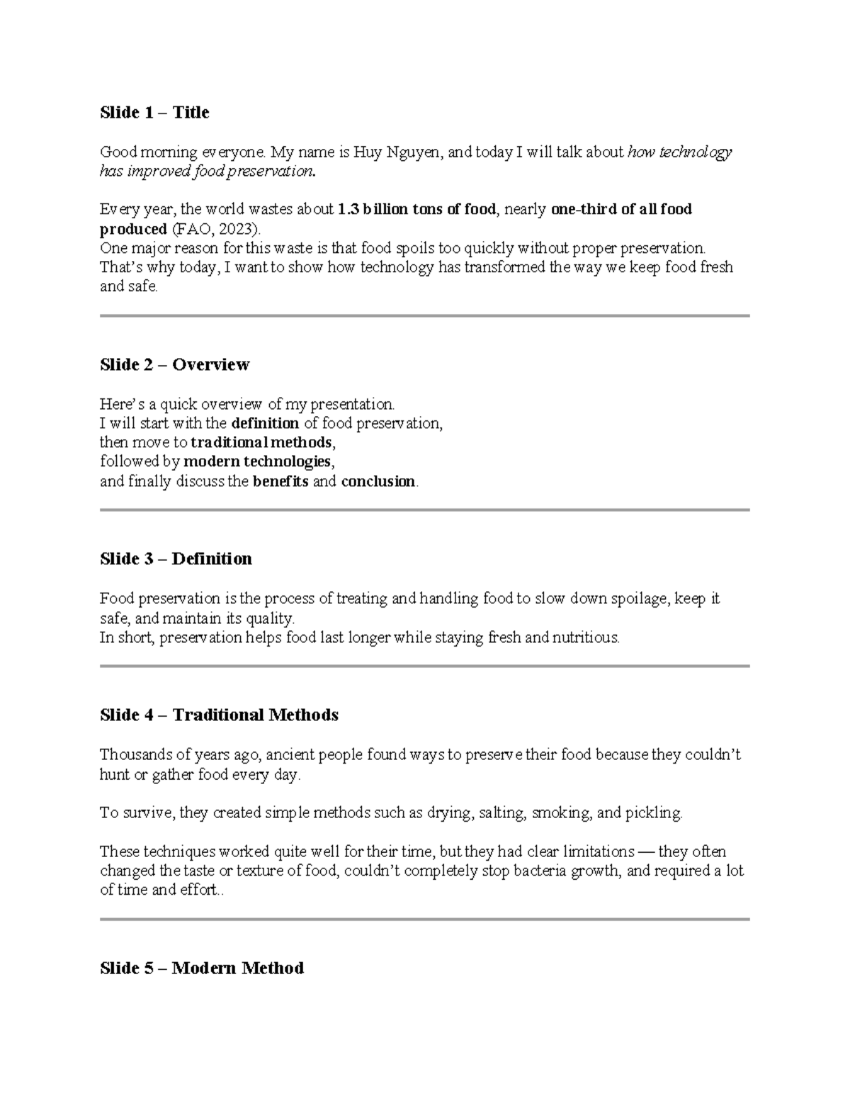 Public Speaking Script: Tech Advancements in Food Preservation - Studocu