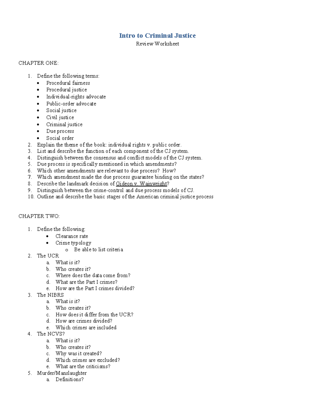 Criminal Justice Review Worksheet: Key Concepts & Terms (CH 1-3) - Studocu