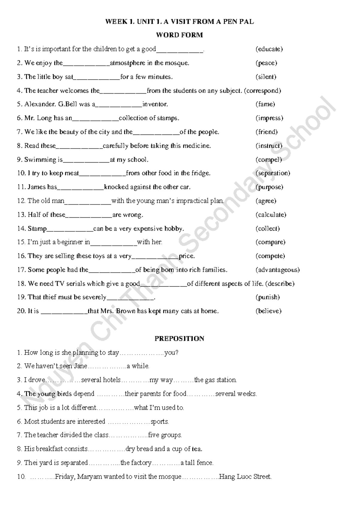 WEEK 1: UNIT 1 - WORD FORM EXERCISES & PREPOSITIONS - Studocu