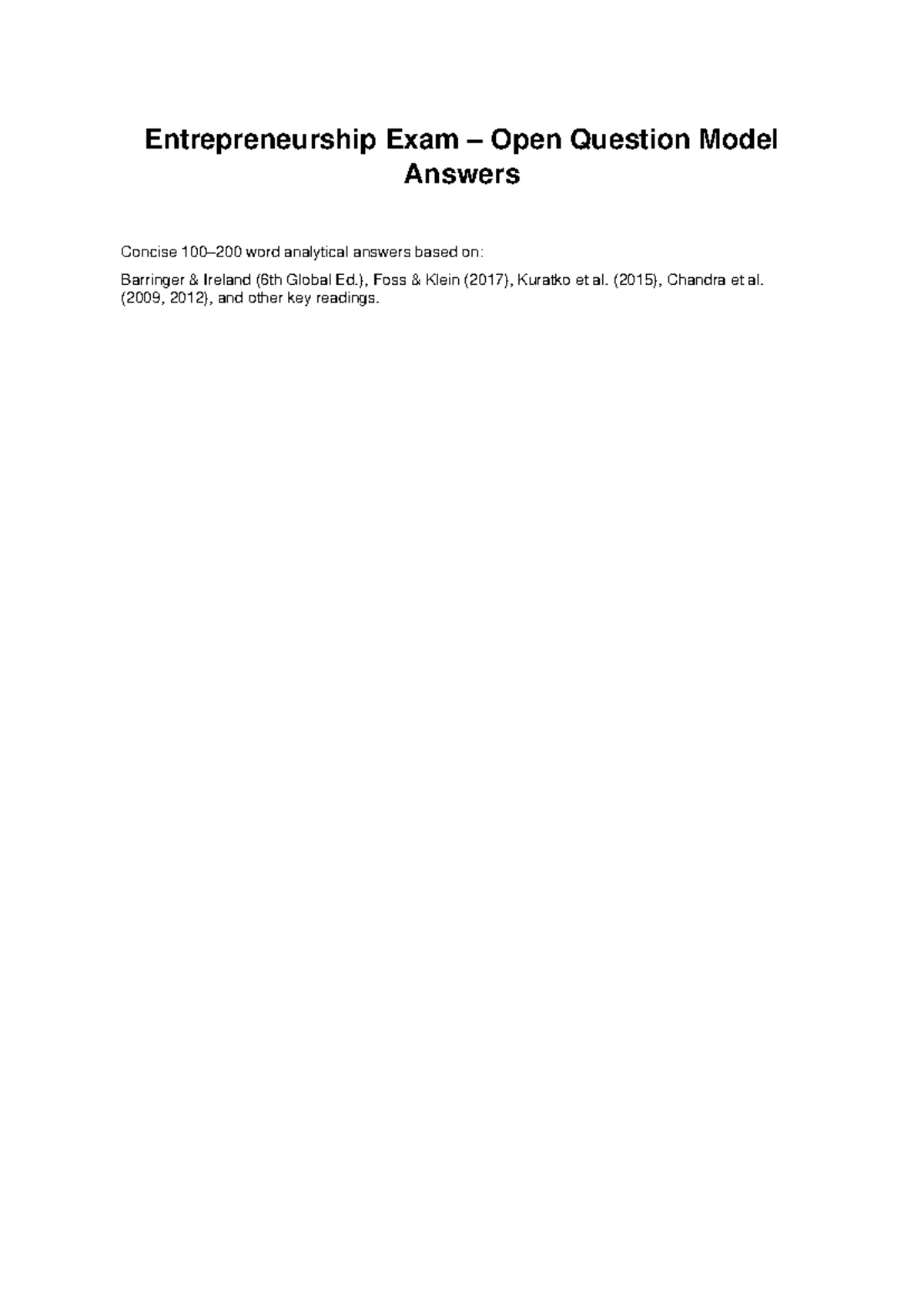 Entrepreneurship Exam Open Question Model Answers (ENT 101) - Studocu