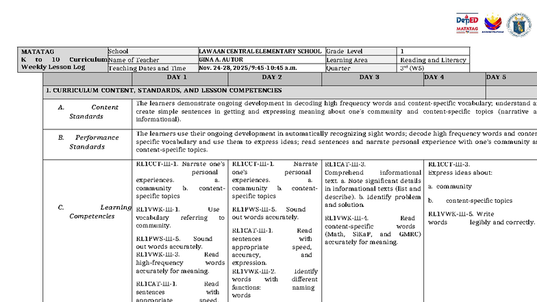Q3 W4 Weekly Lesson Log: Reading & Literacy (3rd Grade) - Studocu