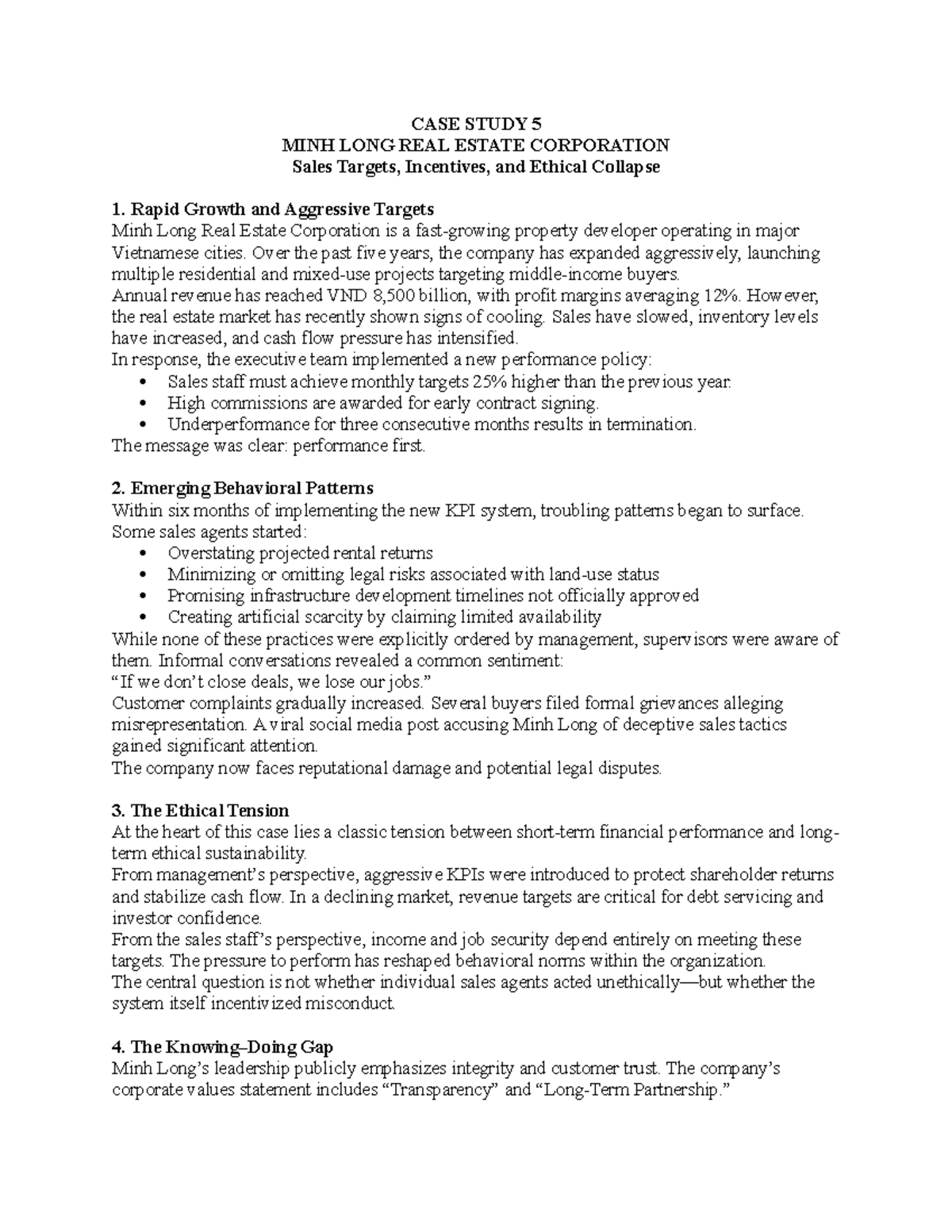 CASE STUDY 5: MINH LONG REAL ESTATE KPI Pressure & Ethical Issues - Studocu