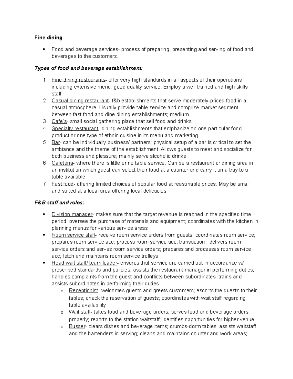 Fine Dining and Food Safety Essentials - F&B NC 1 Guide - Studocu