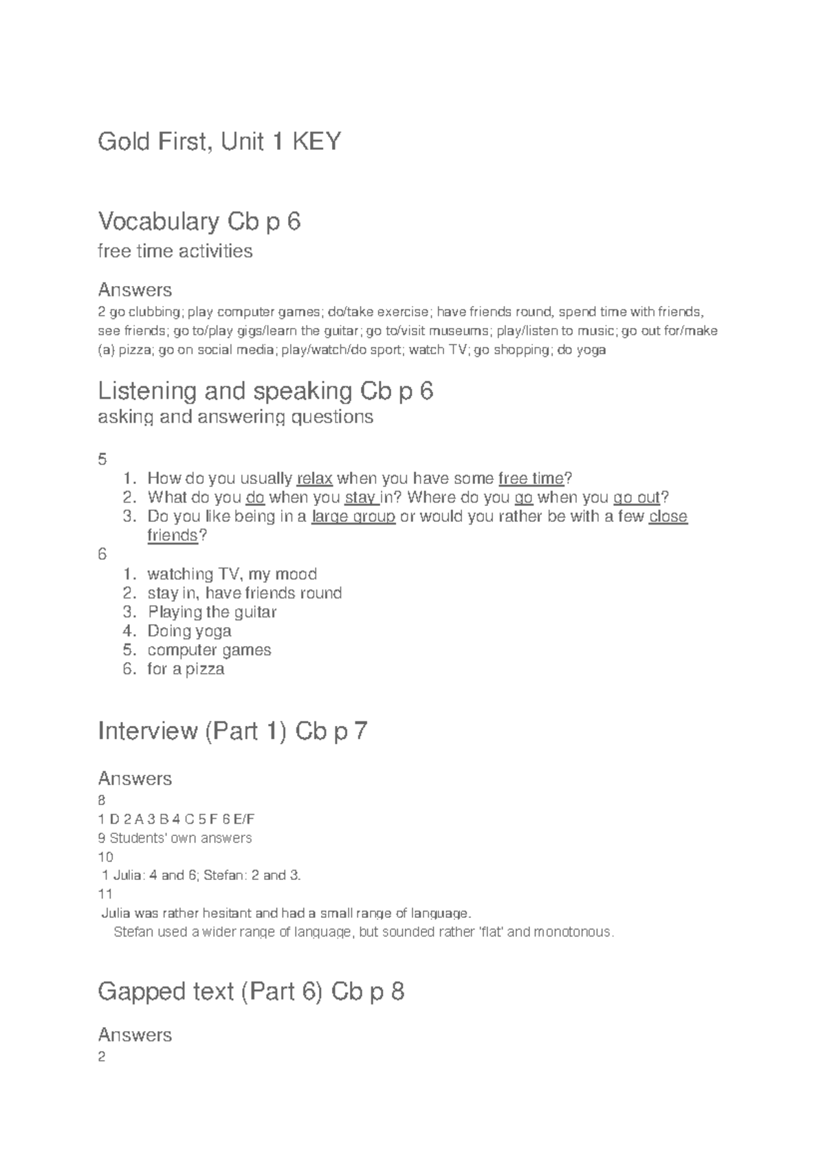 Gold B2 First Unit 1 Vocabulary & Key Answers Guide - Studocu