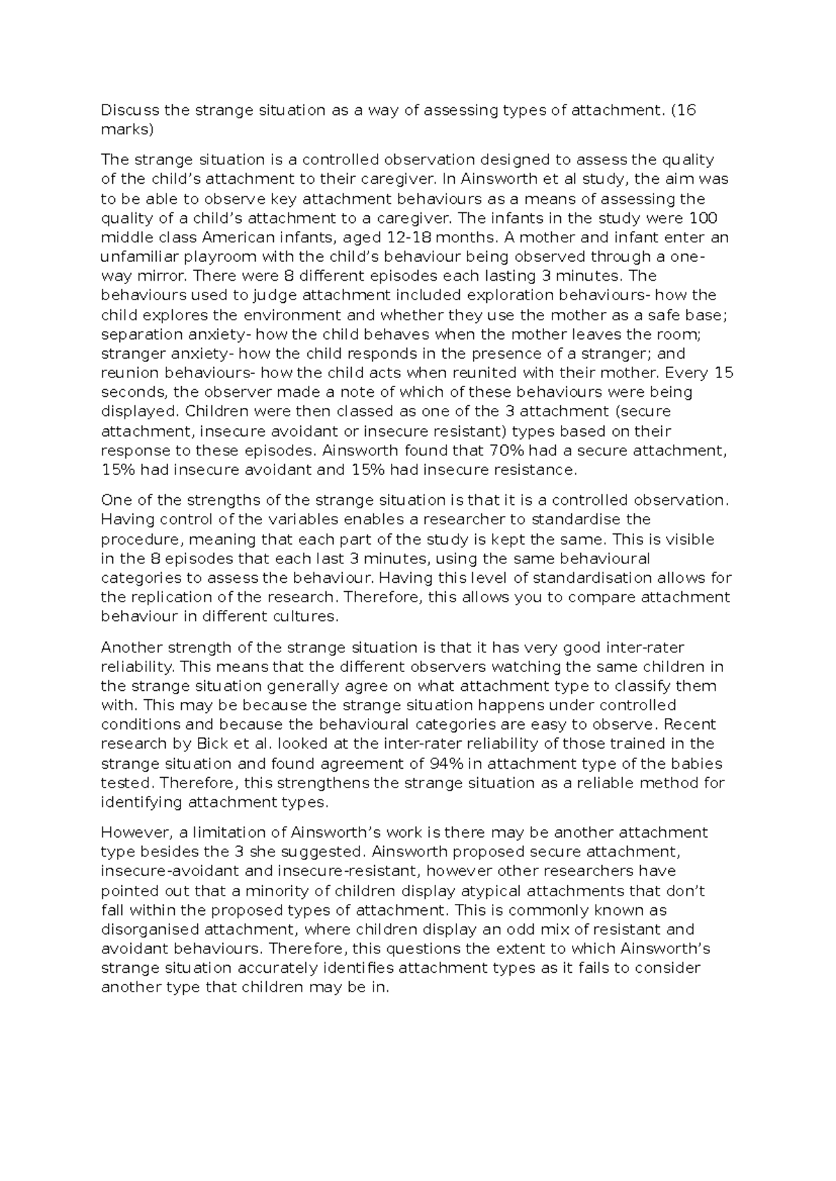 Ainsworth's Strange Situation: Assessing Attachment Types (16 Marks ...