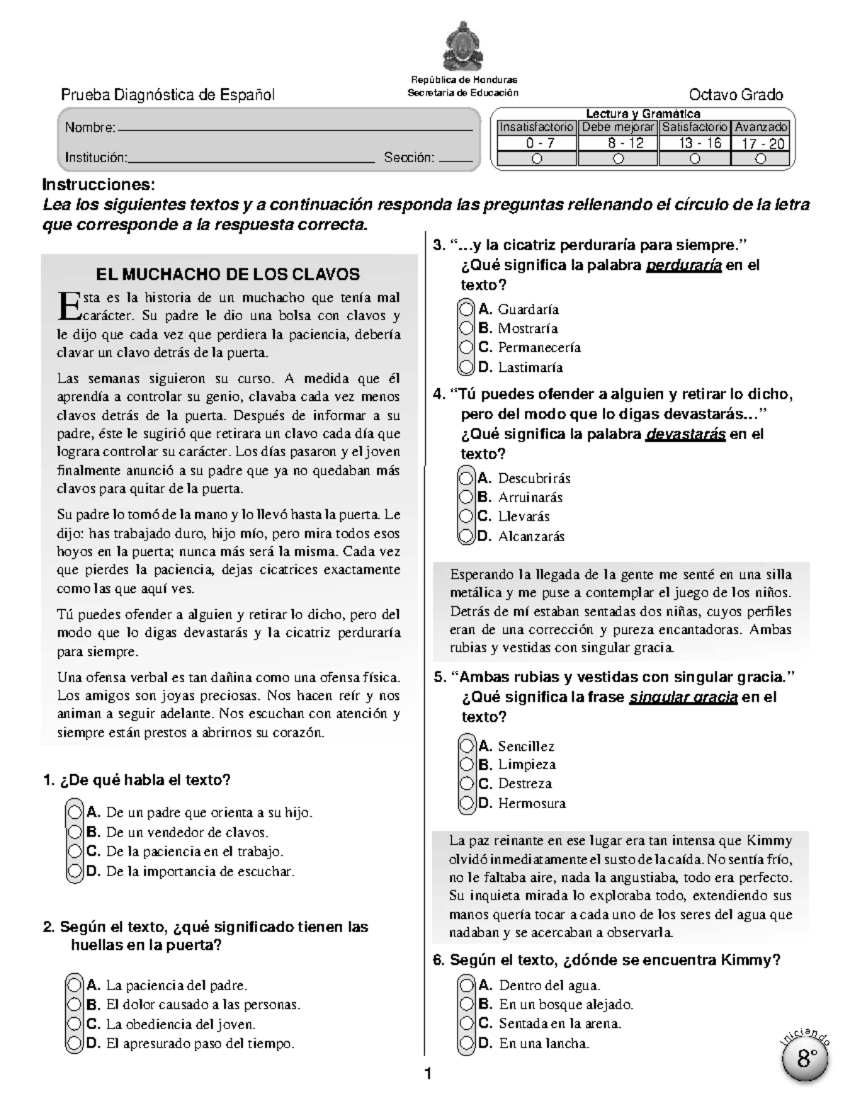 Prueba Diagnóstica de Español 8° Grado: Lectura y Gramática - Studocu