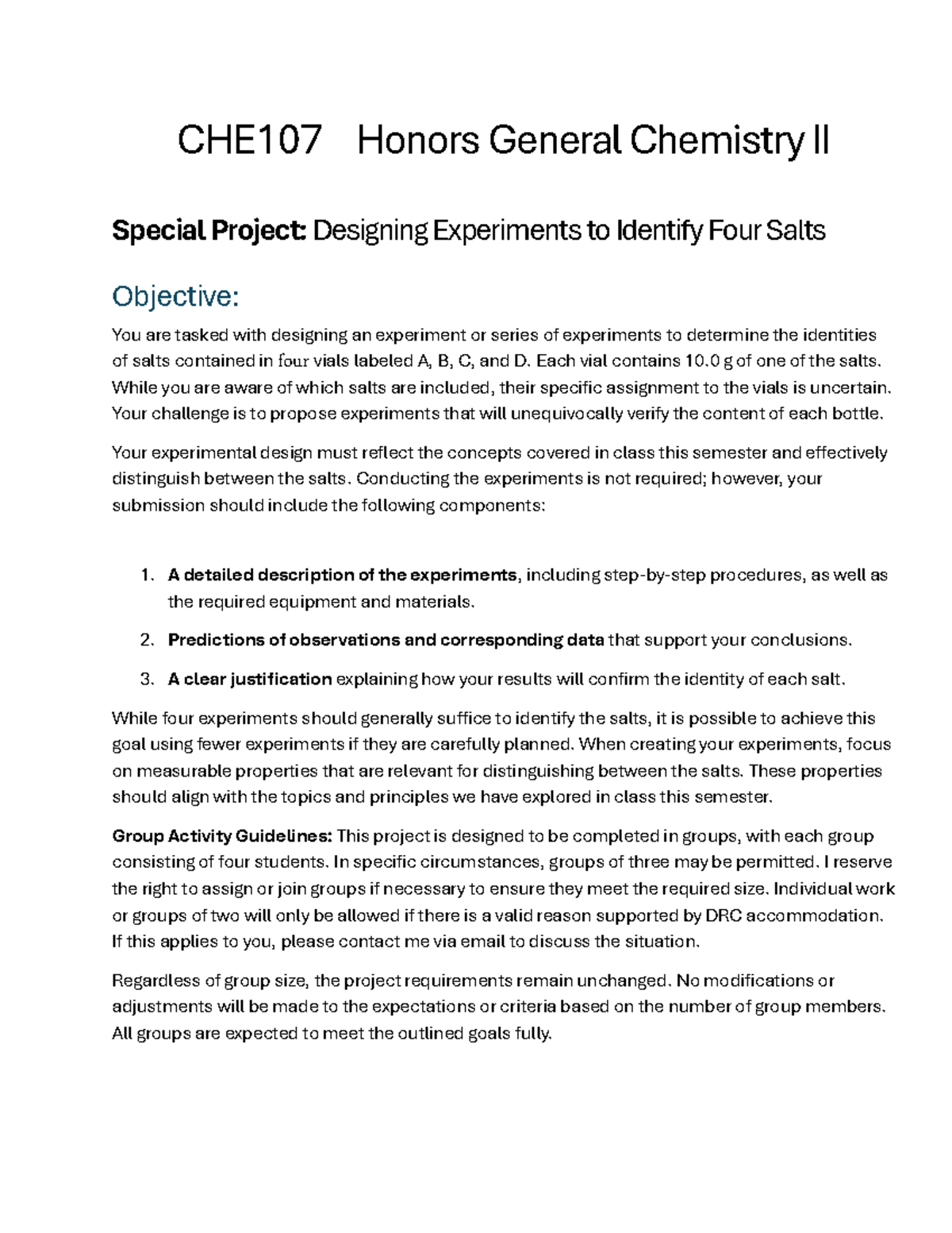 107 Honors Project - CHE107 – Honors General Chemistry II Special Project: Designing Experiments ...