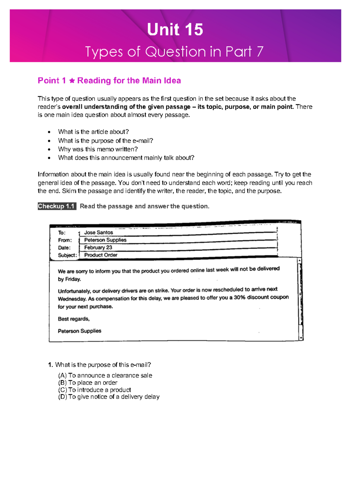 Reading Practice Materials - Unit 15: Types of Questions and Main Ideas ...
