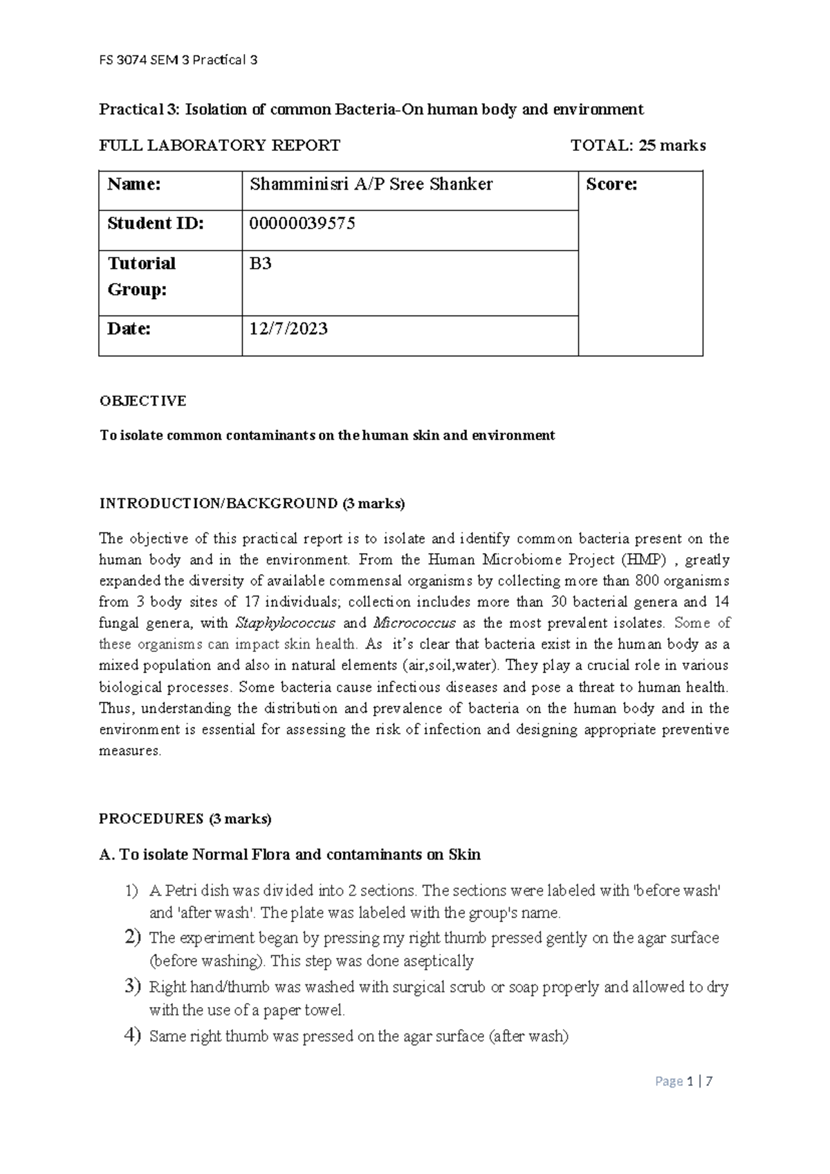 Practical 3 Laboratory Report: Isolation of Microorganisms from Humans ...