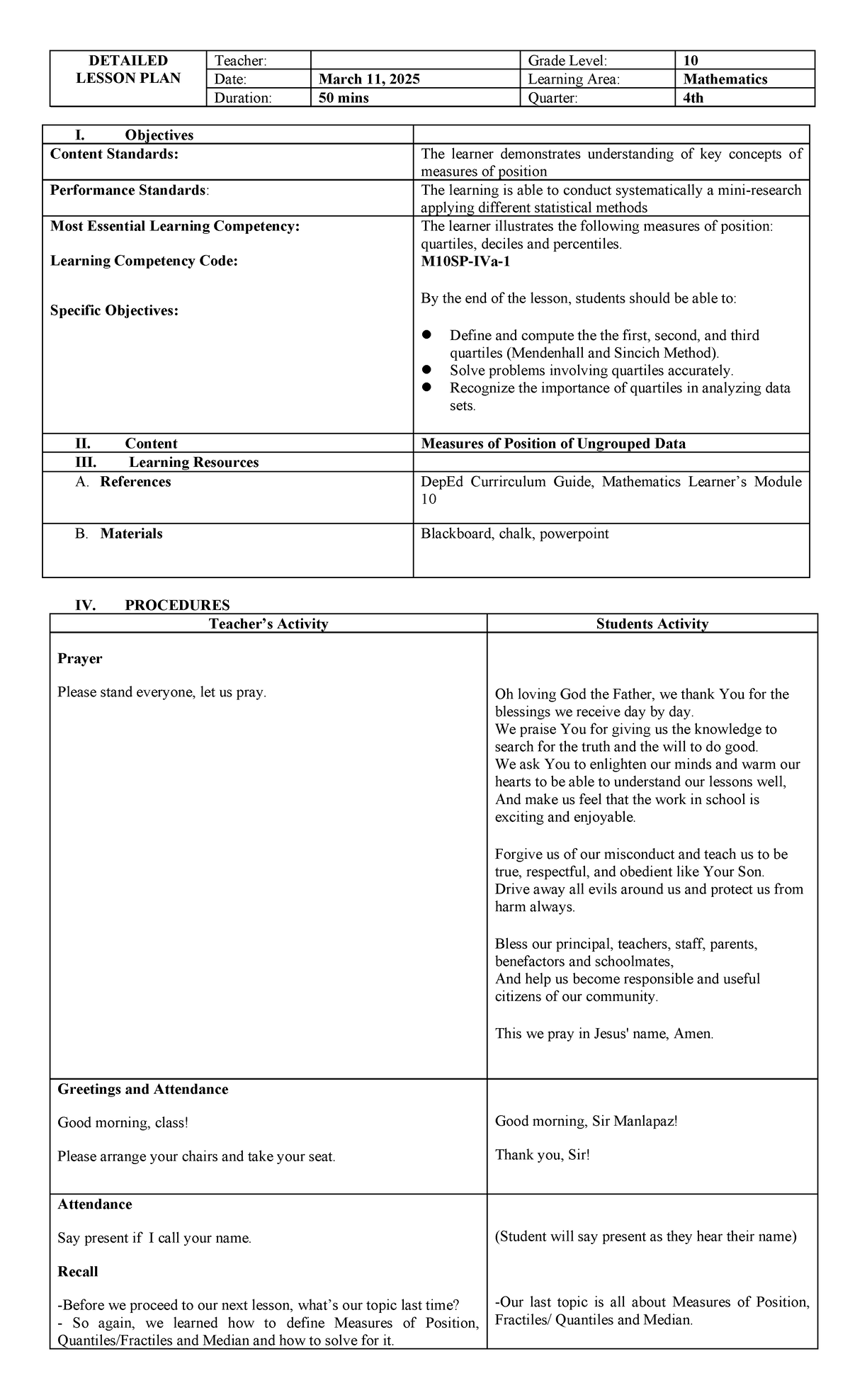 Mathematics Lesson Plan: Measures of Position & Quartiles (Math 10 ...
