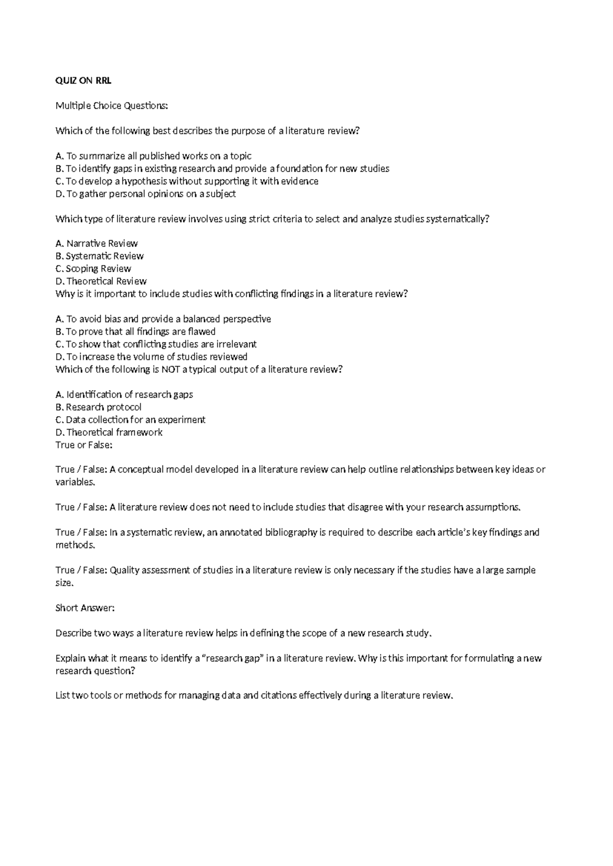 QUIZ ON RRL - IMPORTANT NOTES AND CONCEPTS - Studocu