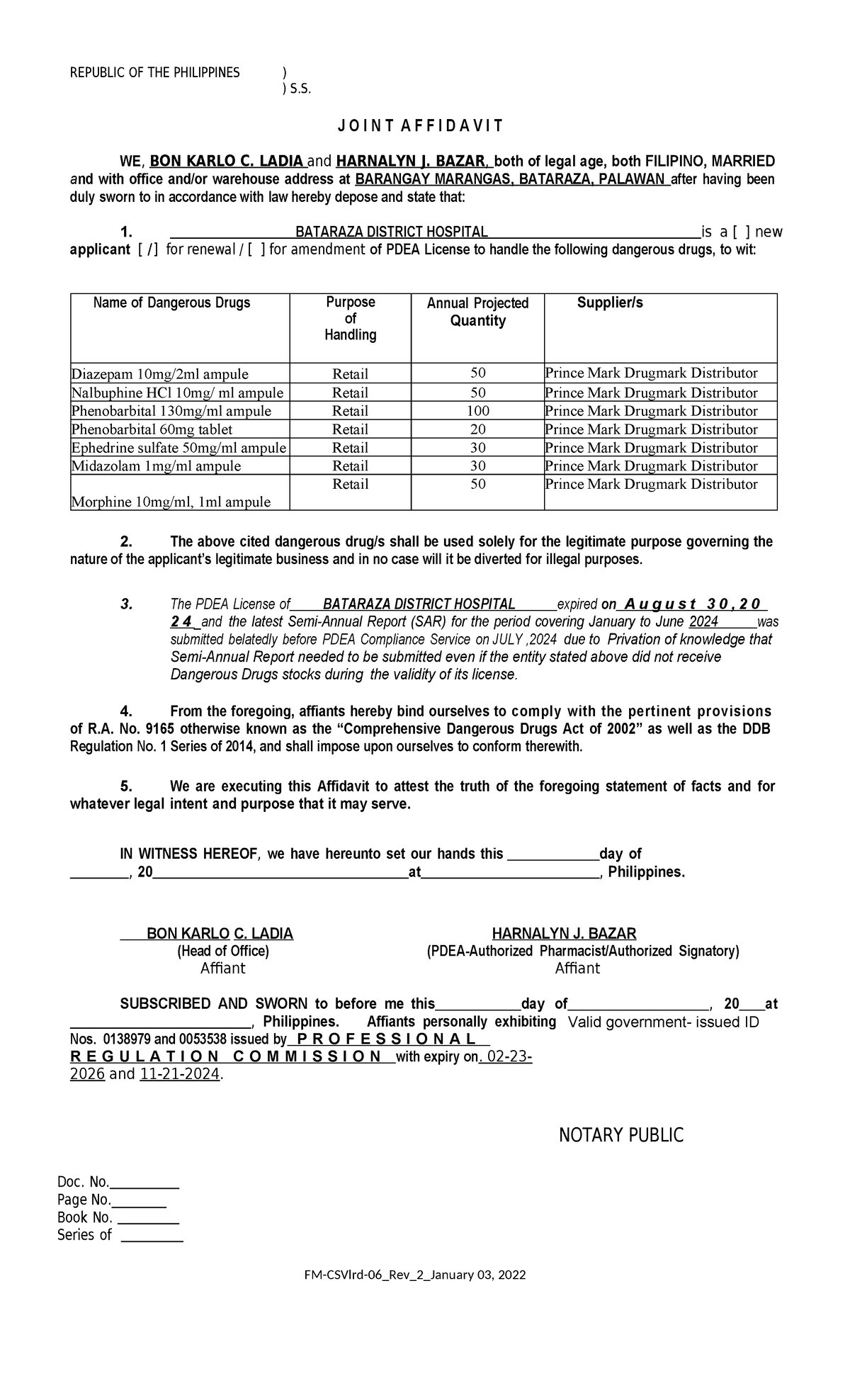 PDEA Joint Affidavit for Renewal - Batangas District Hospital - Studocu