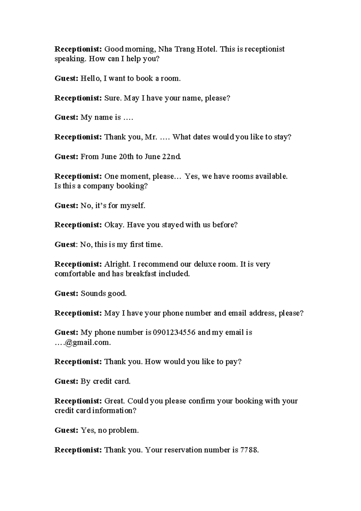 Speaking Test: Hotel Reservation Role Play - Studocu