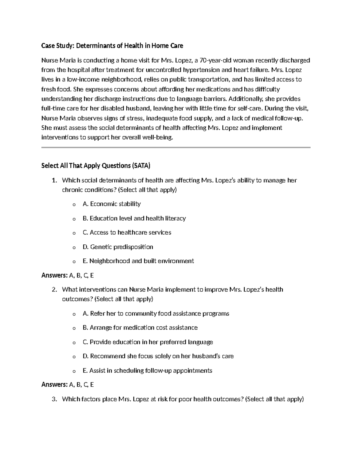 Case Study: Social Determinants of Health for Home Care Nurse (NUR 101 ...