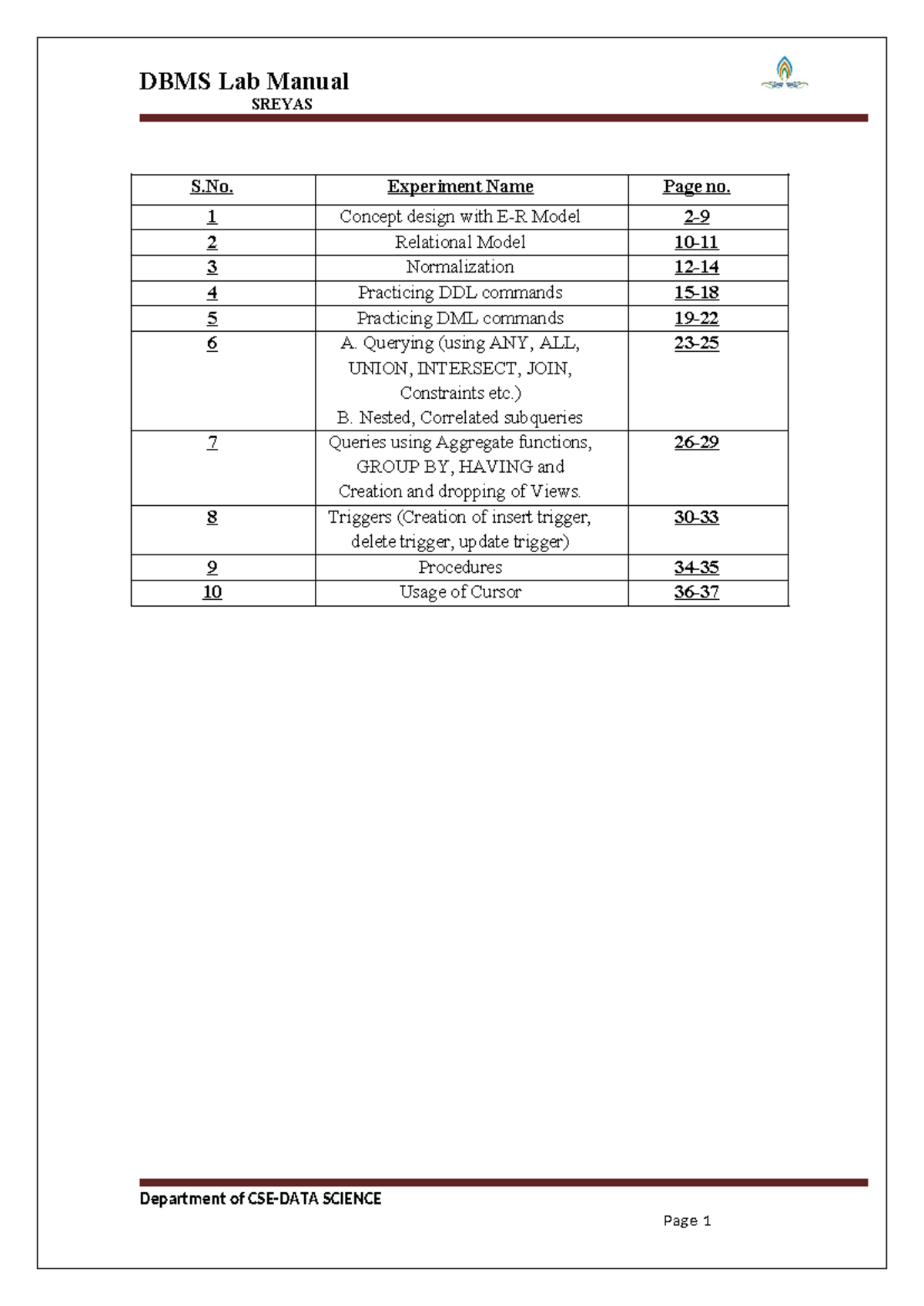 DBMS Lab Manual - Experiments and DML/DDL Commands - R22 - Studocu