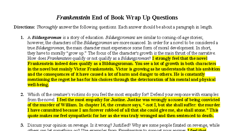 Frankenstein (ENG 101) End of Book Wrap-Up Questions Analysis - Studocu