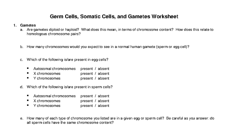 Germ Cells and Gametes Worksheet (Biology 101) - Studocu
