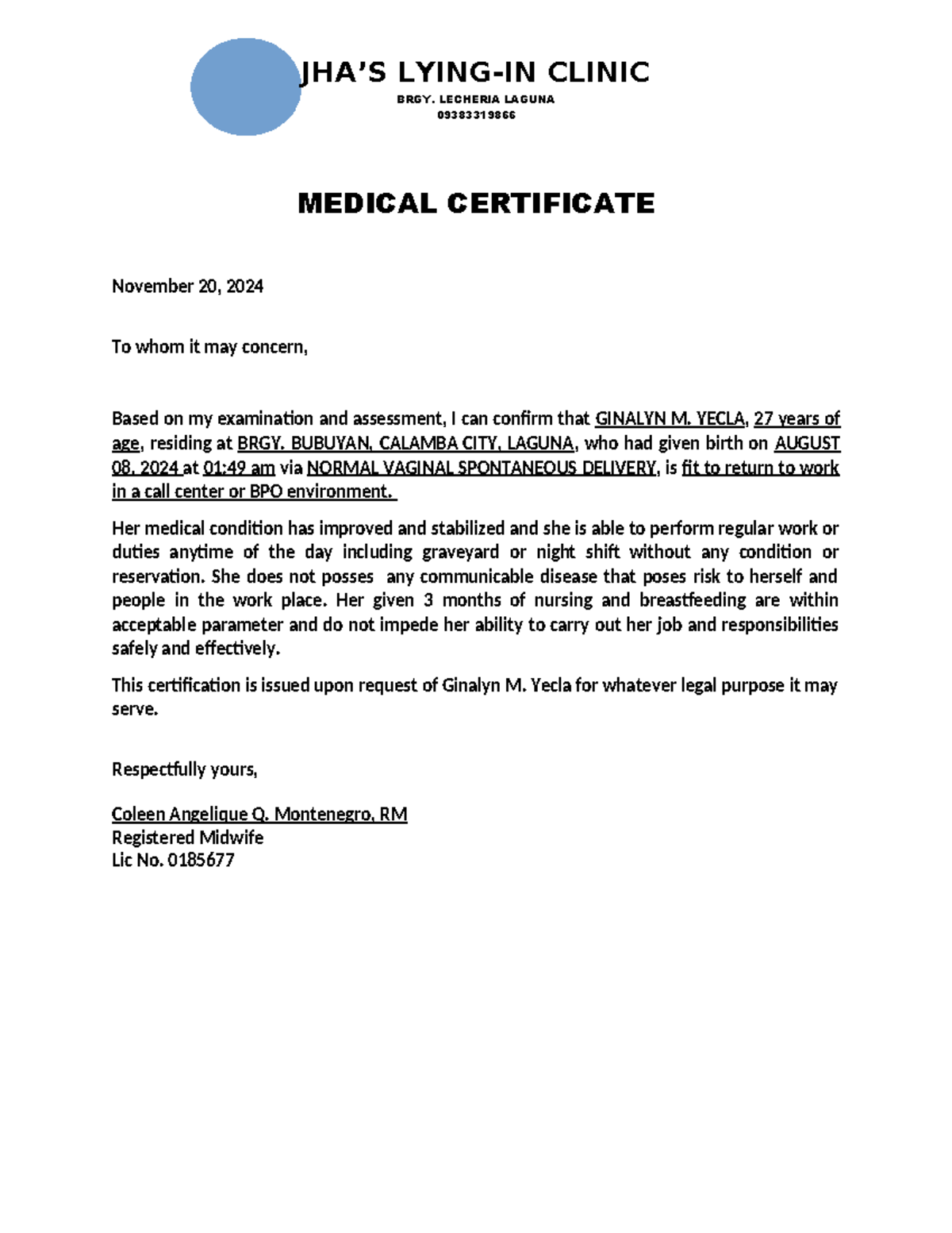 Medical Certificate 1: Ginalyn Yecla & Jomar Maca-Ager Certification ...