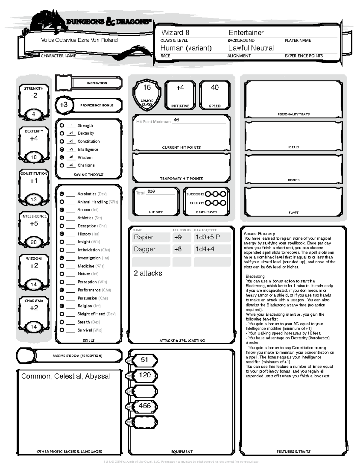 Volos - week 5 - CHARACTER NAME RACECLASS & LEVEL BACKGROUNDALIGNMENT ...