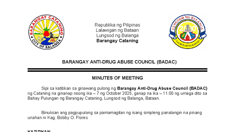 BADAC Meeting Minutes - Barangay Cataning, Oct-Nov 2025 - Studocu