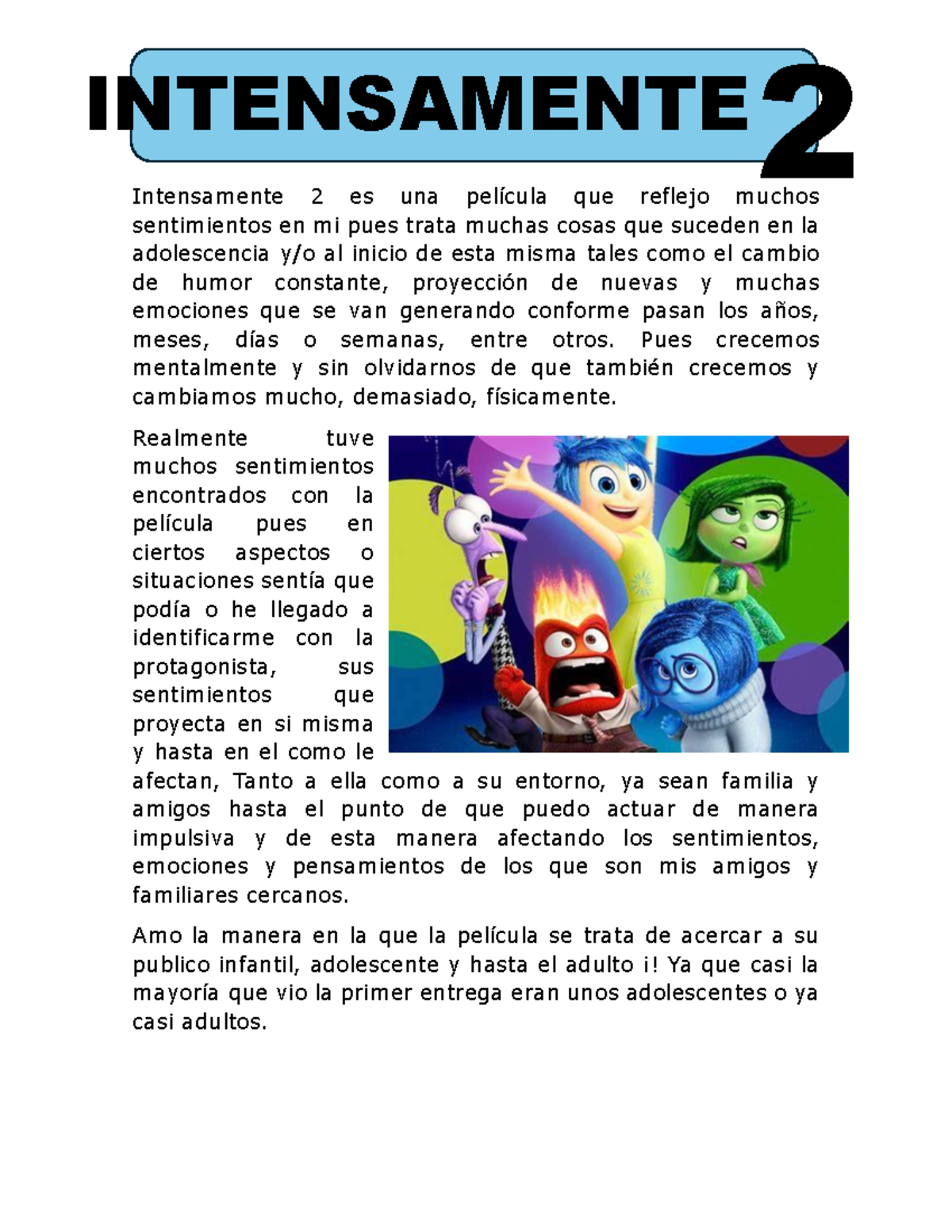 Ensayo sobre la película Intensamente 2: Conexiones Emocionales - Studocu