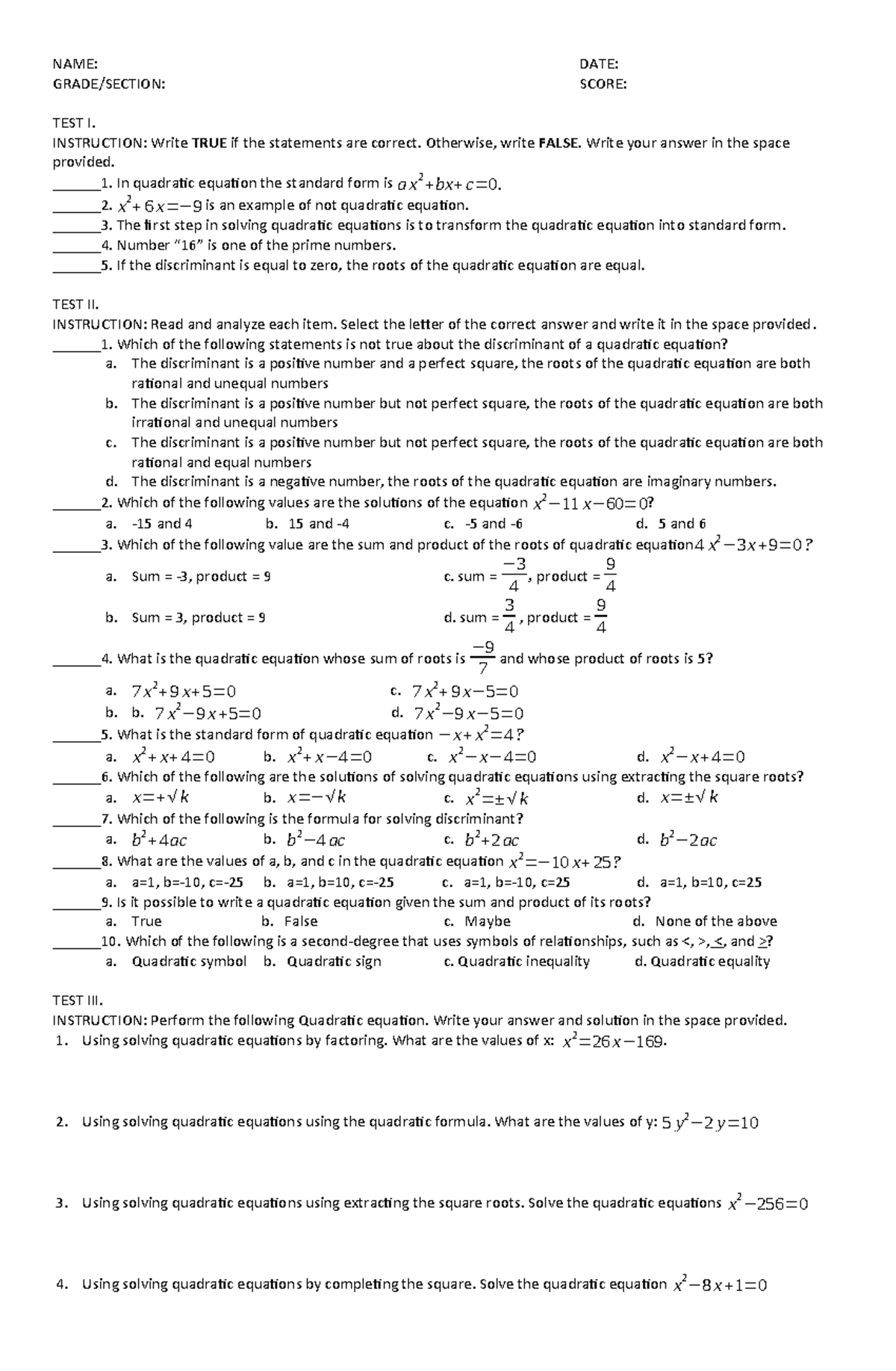 Grade 9 Long Test: Quadratic Equations and Their Solutions - Studocu