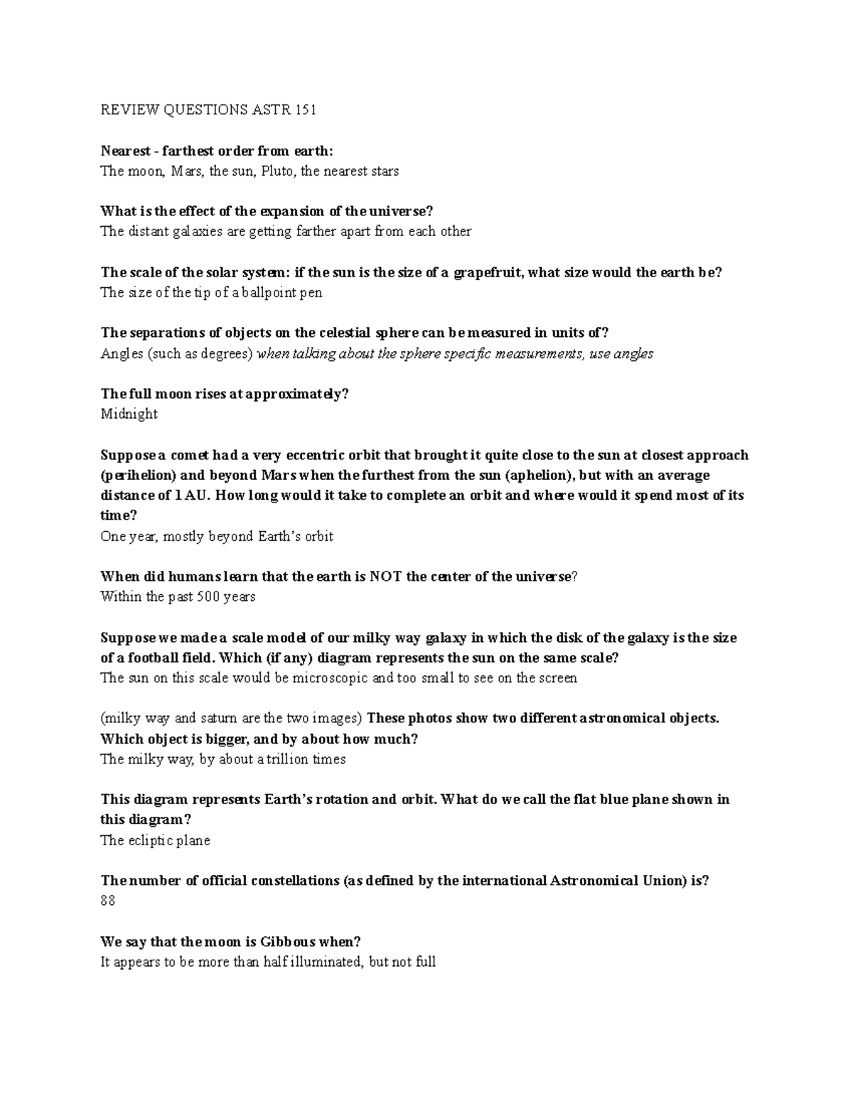 Astronomy Review Questions for ASTR 151: Understanding Celestial ...