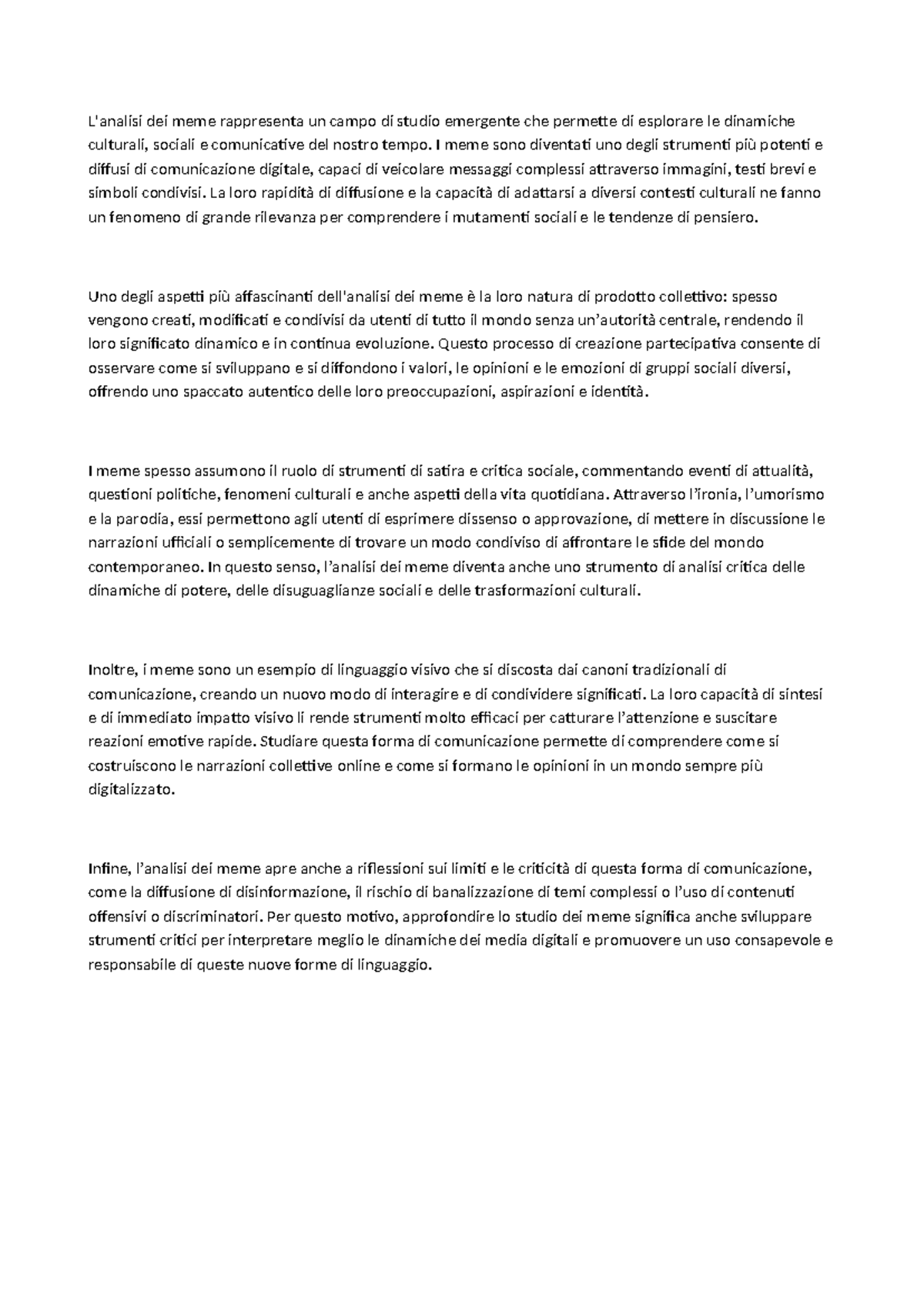 TEMA PROF. BALDONI: L'IMPATTO CULTURALE DEI MEME - Studocu