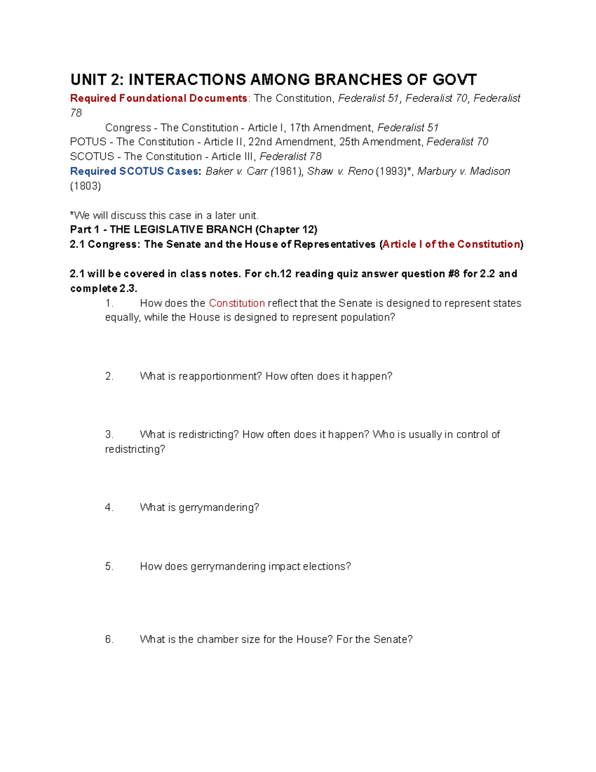 Unit 2 Study Guide: Interactions Among Branches of Govt (Final Exam ...