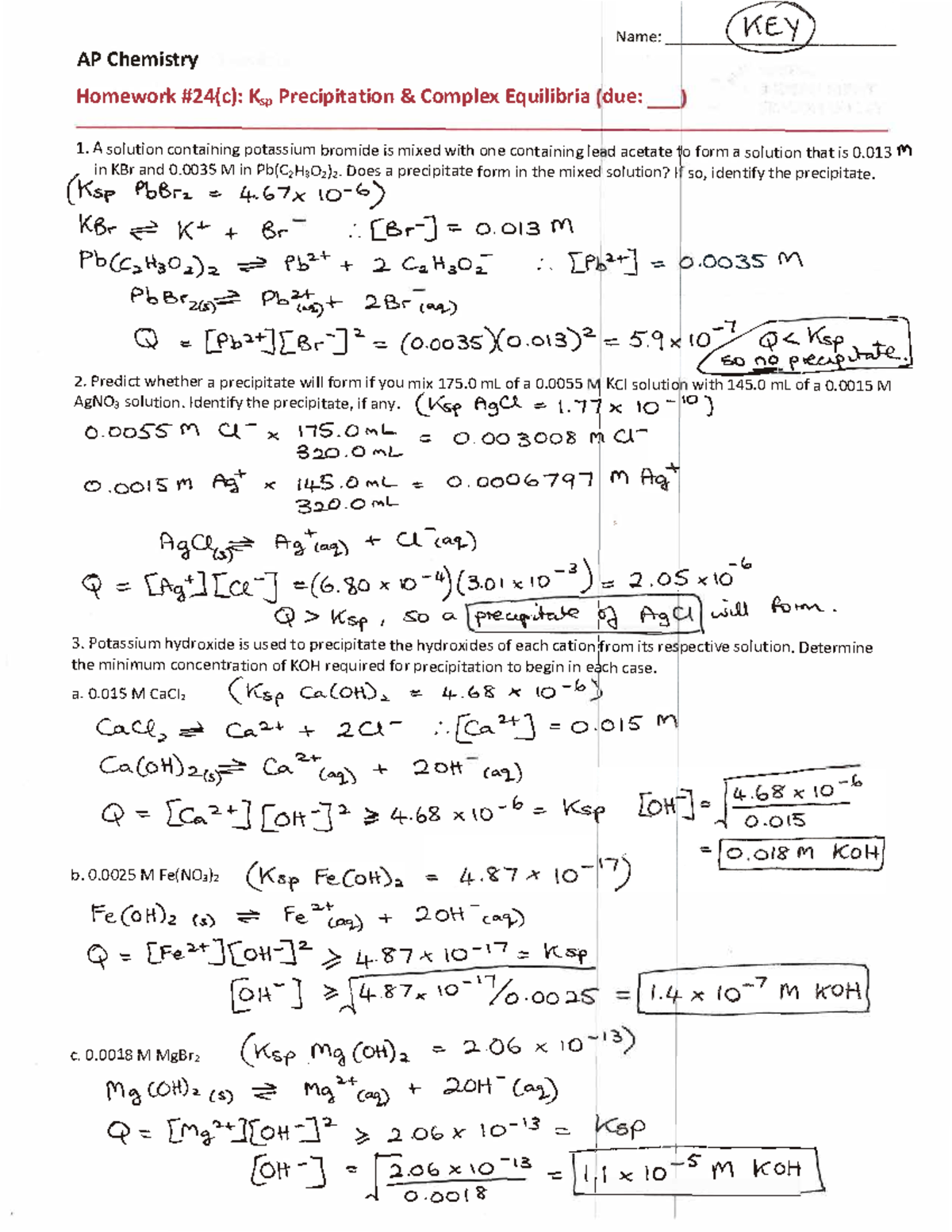 Ksp Precipitation Homework #24(c) - AP Chemistry Analysis - Studocu