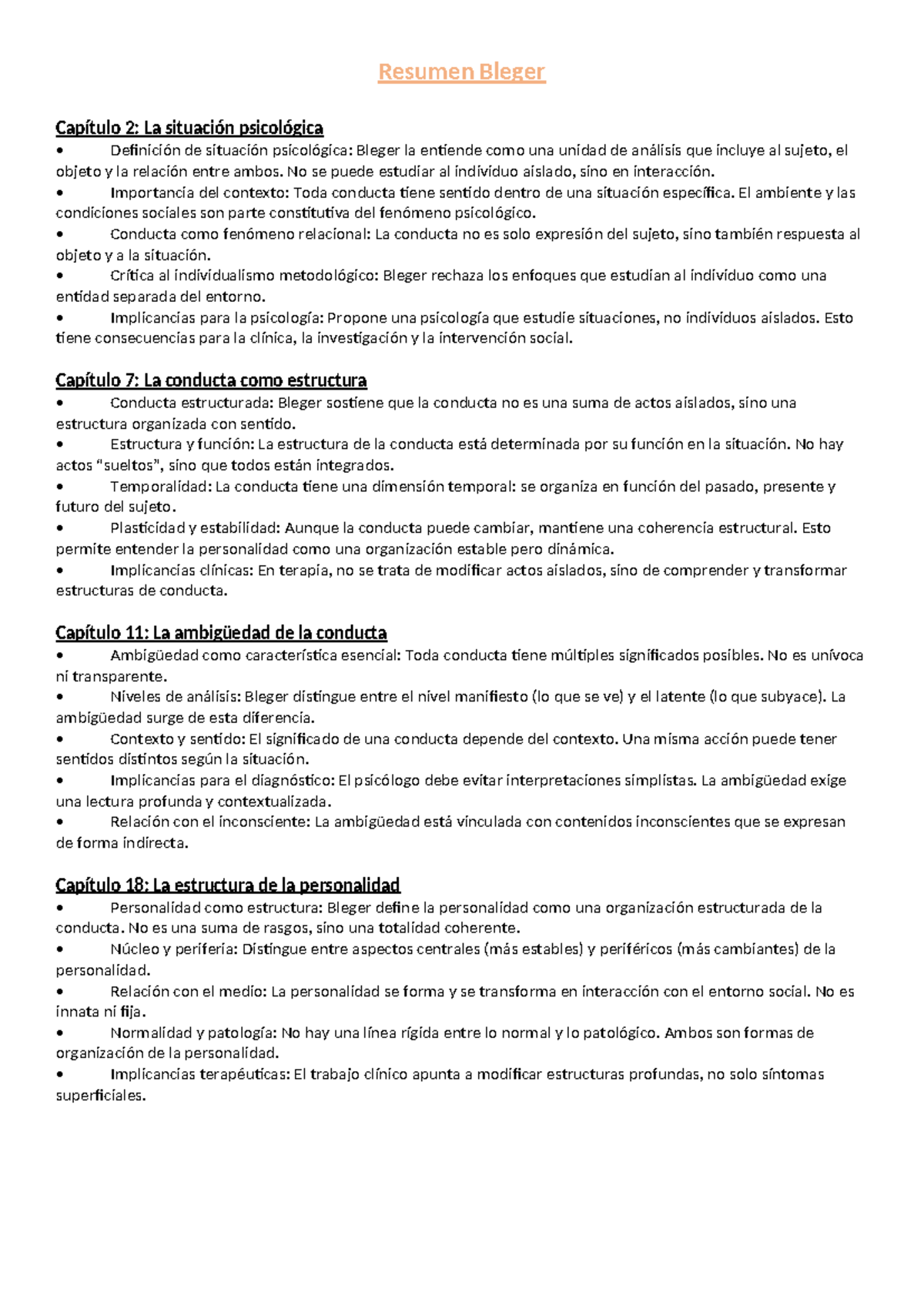 Resumen de Bleger: Análisis Psicológico y Estructura de la Conducta ...