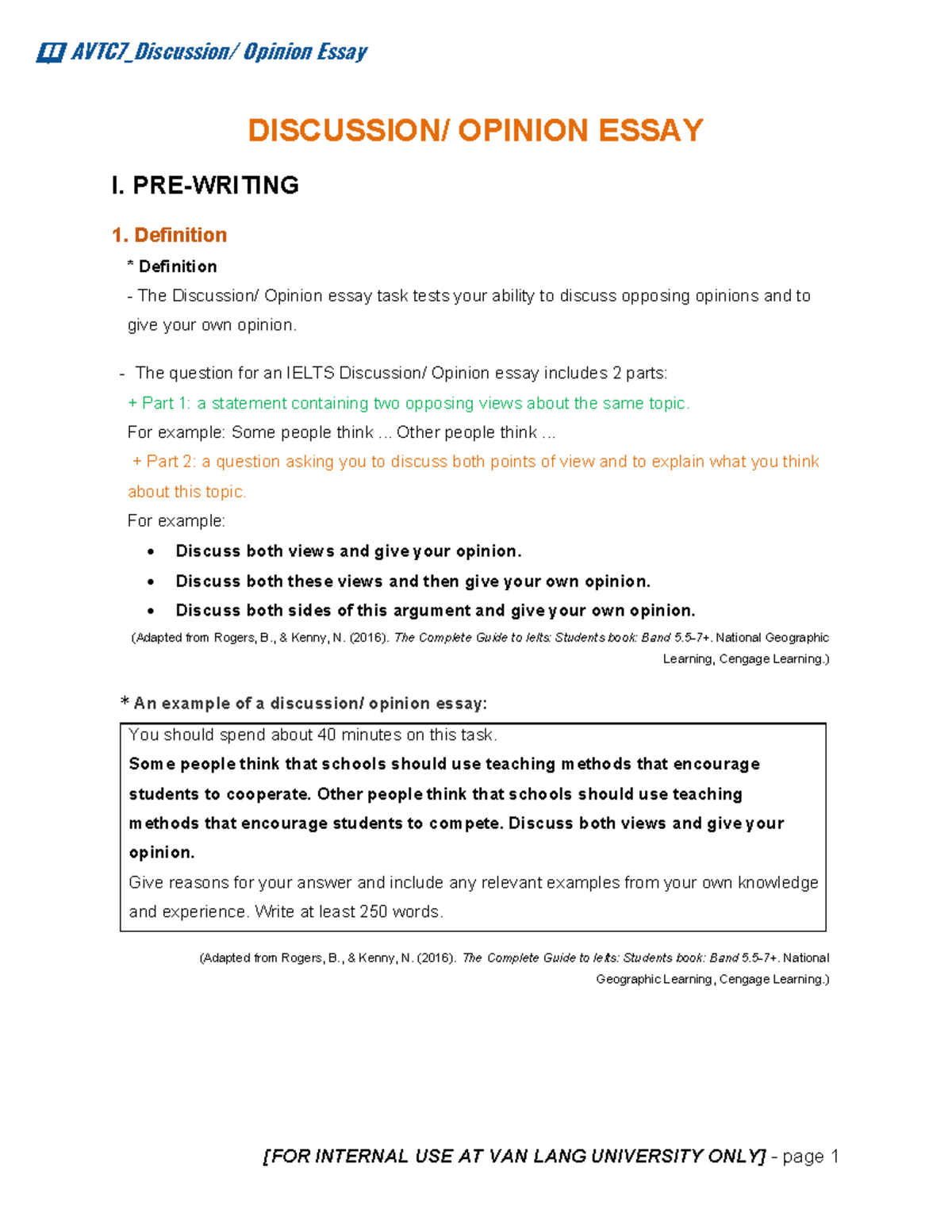 L20. Writing 7 - Task 2 - Discussion/Opinion Essay Pre-Writing Guide ...